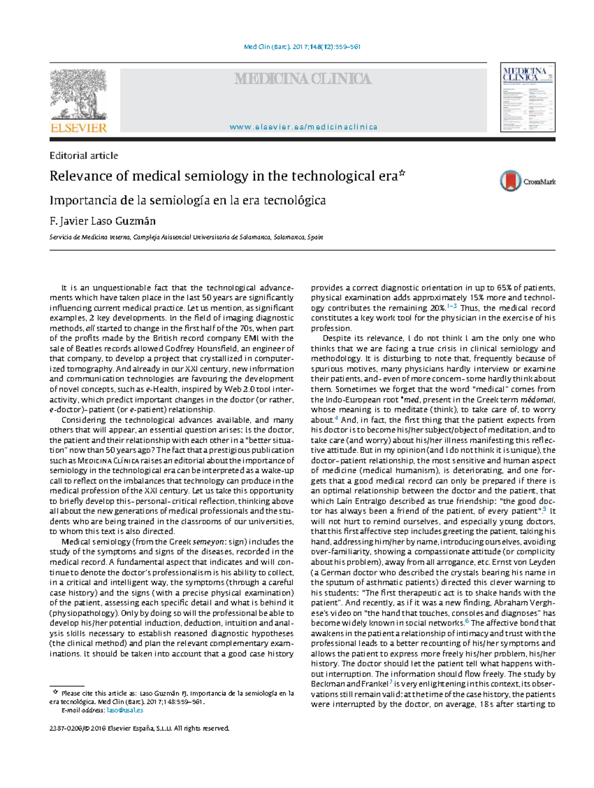 Med Clin (Barc). The Role of Medical Semiology in the Tech Era - Studocu
