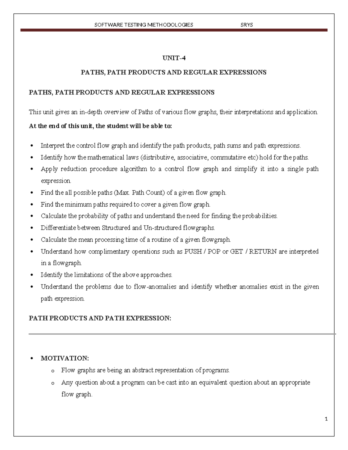 SOFTWARE TESTING METHODOLOGIES: PATHS, PRODUCTS & EXPRESSIONS STM-4 ...