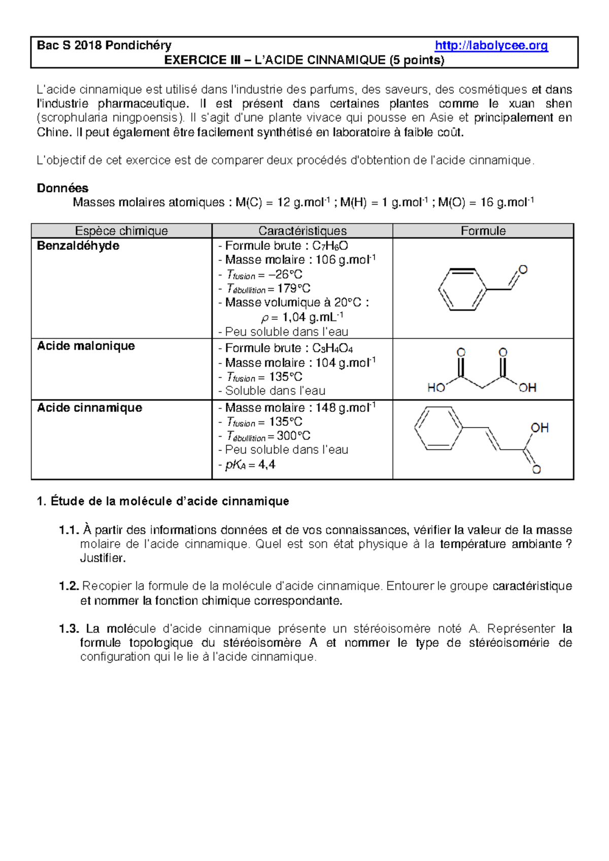 Bac S 2018 Pondichery Exo3: Acide Cinnamique Exercise (5 pts) - Studocu