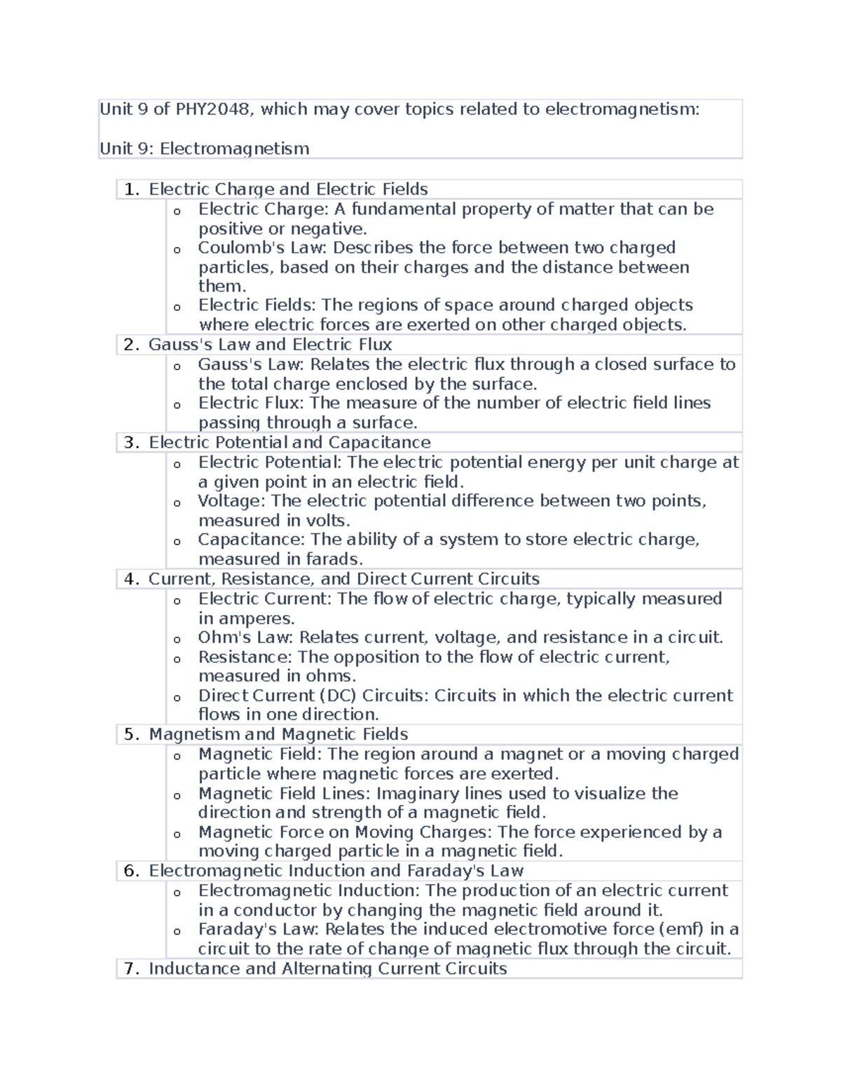 Unit 9: Electromagnetism Overview for PHY2048 Course - Studocu