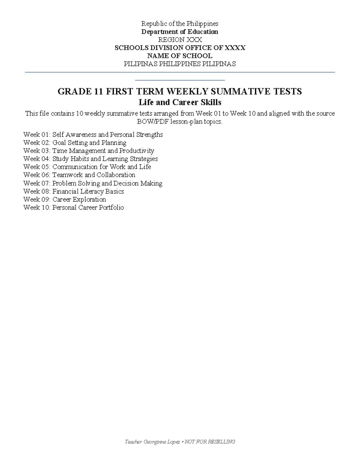 Grade 11 First Term Life and Career Skills Weekly Summative Tests ...