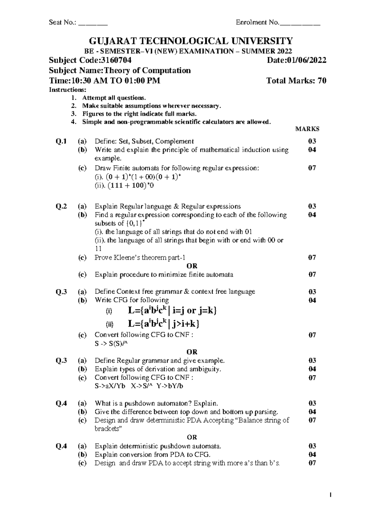 3160704 Theory of Computation Exam Paper - Summer 2022 - Studocu