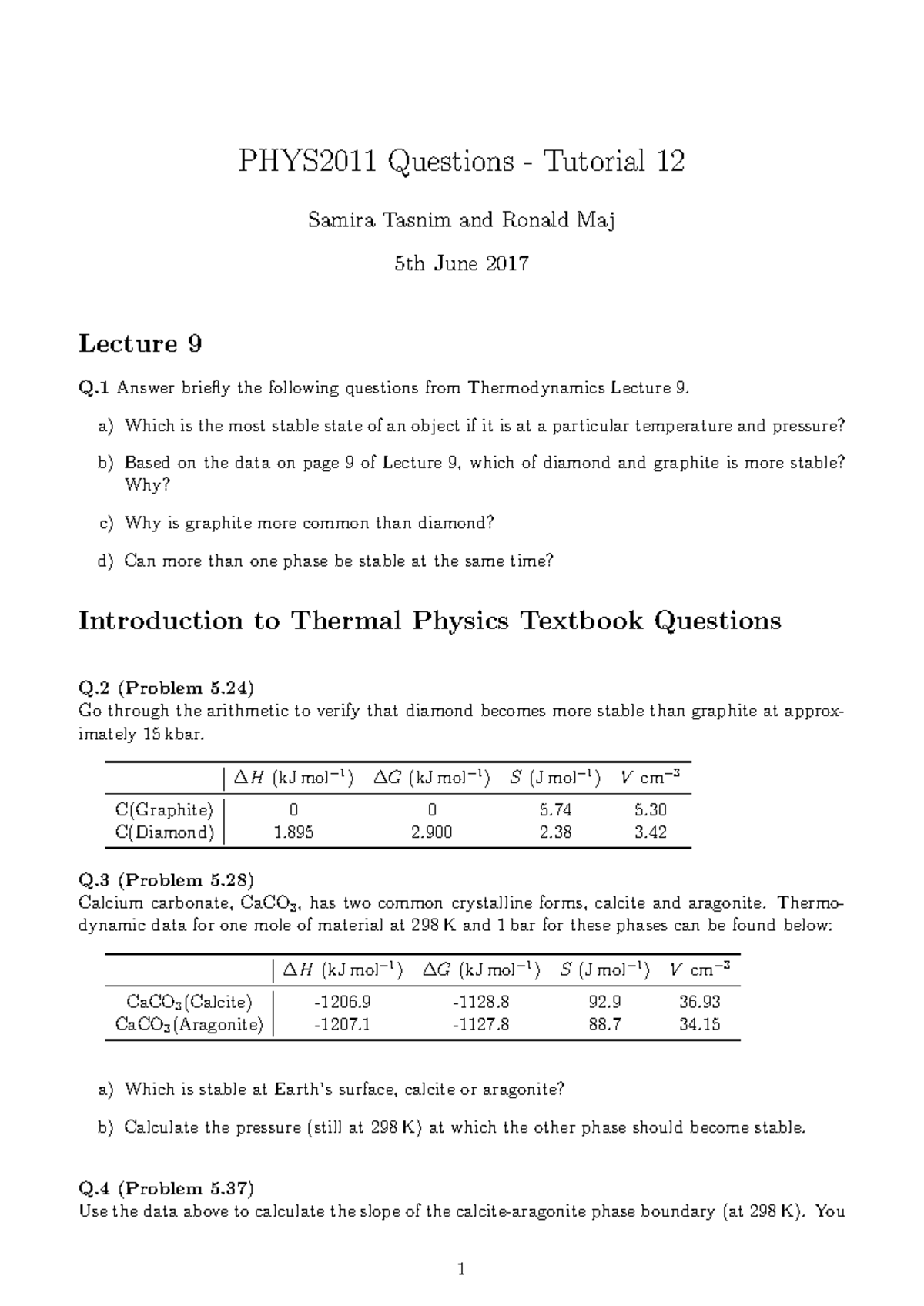 PHYS2011 Questions set5 Week 12 - PHYS2011 Questions - Tutorial 12 ...