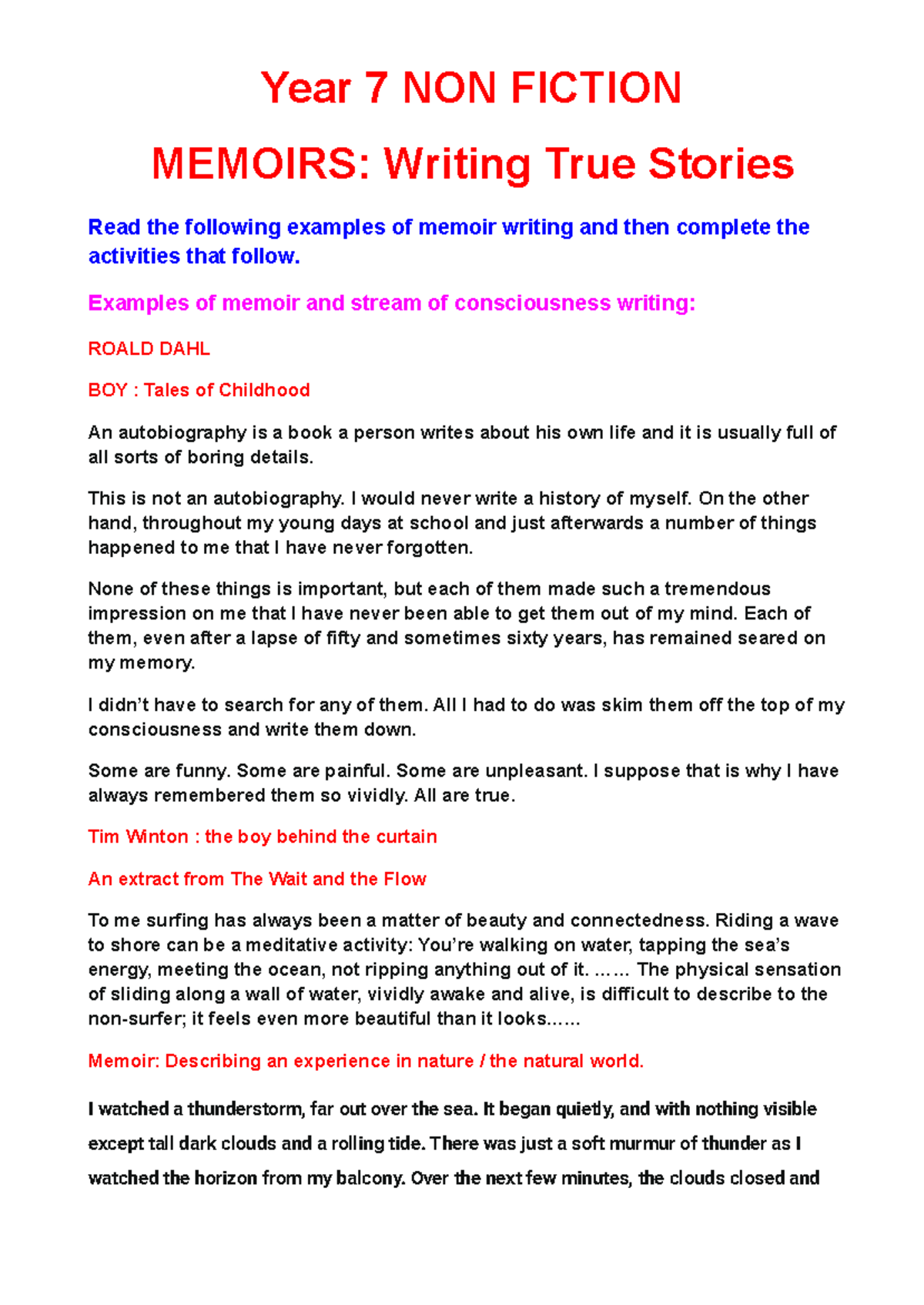 Year 7 Memoir writing activiites.7. 7 - Studocu