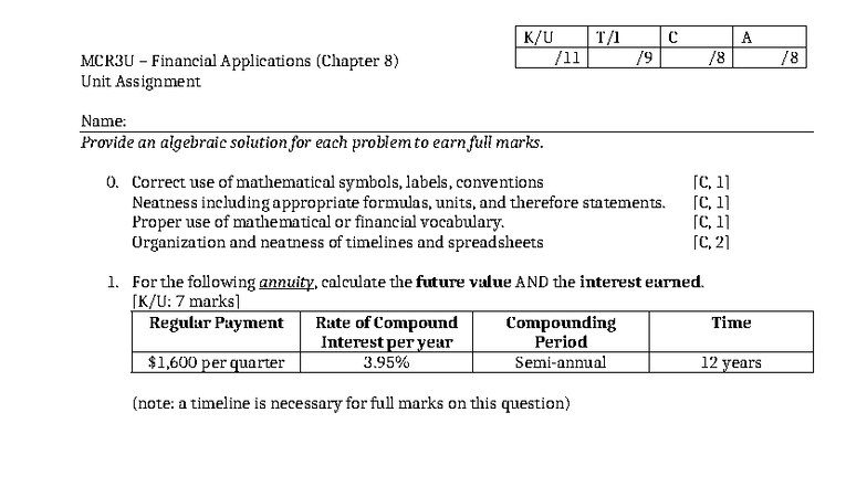 MCR3U Financial Applications (Chapter 8) Unit Assignment 2022 - Studocu