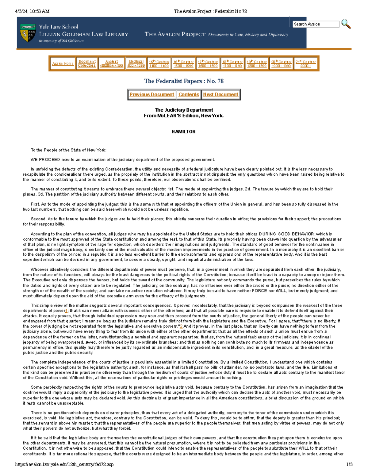 Federalist No 78: An Analysis of the Judiciary Department - Studocu