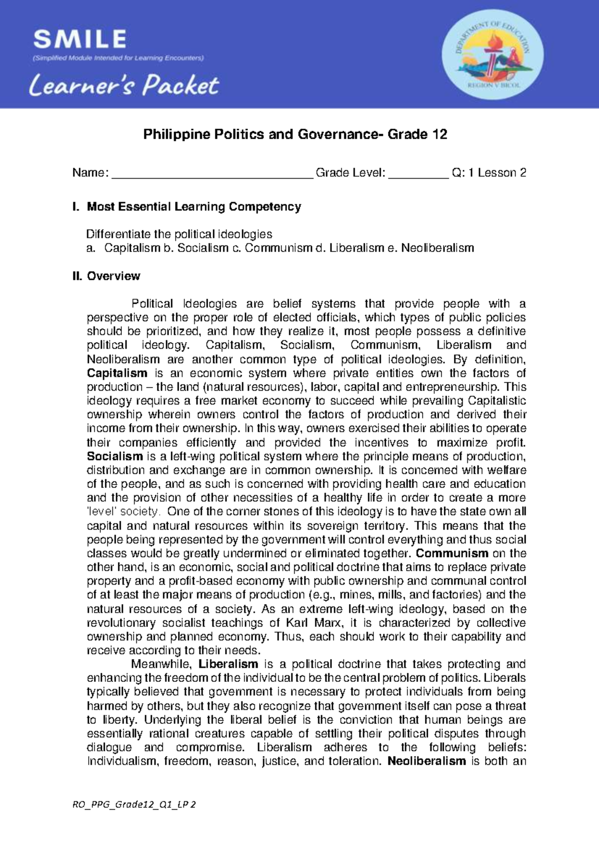 SHS PPG 12 - Lesson 2: Political Ideologies Overview and Activities ...