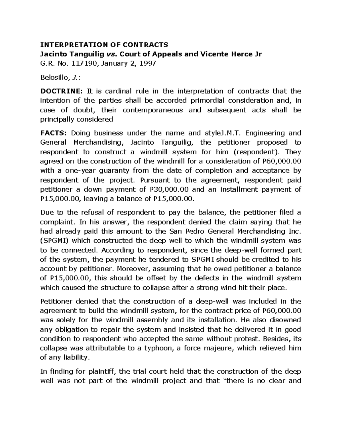 Case Digest 1: Interpretation of Contracts and Fortuitous Events - Studocu