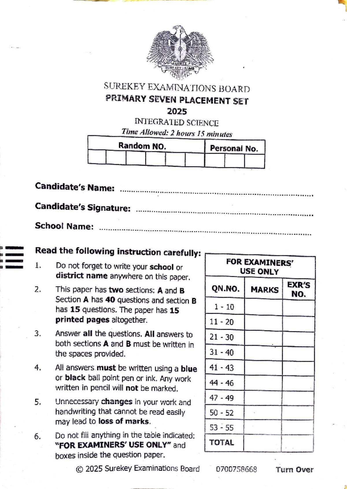 SURE KEY EXAM P.7 PLACEMENT INTEGRATED SCIENCE 2025 - Studocu