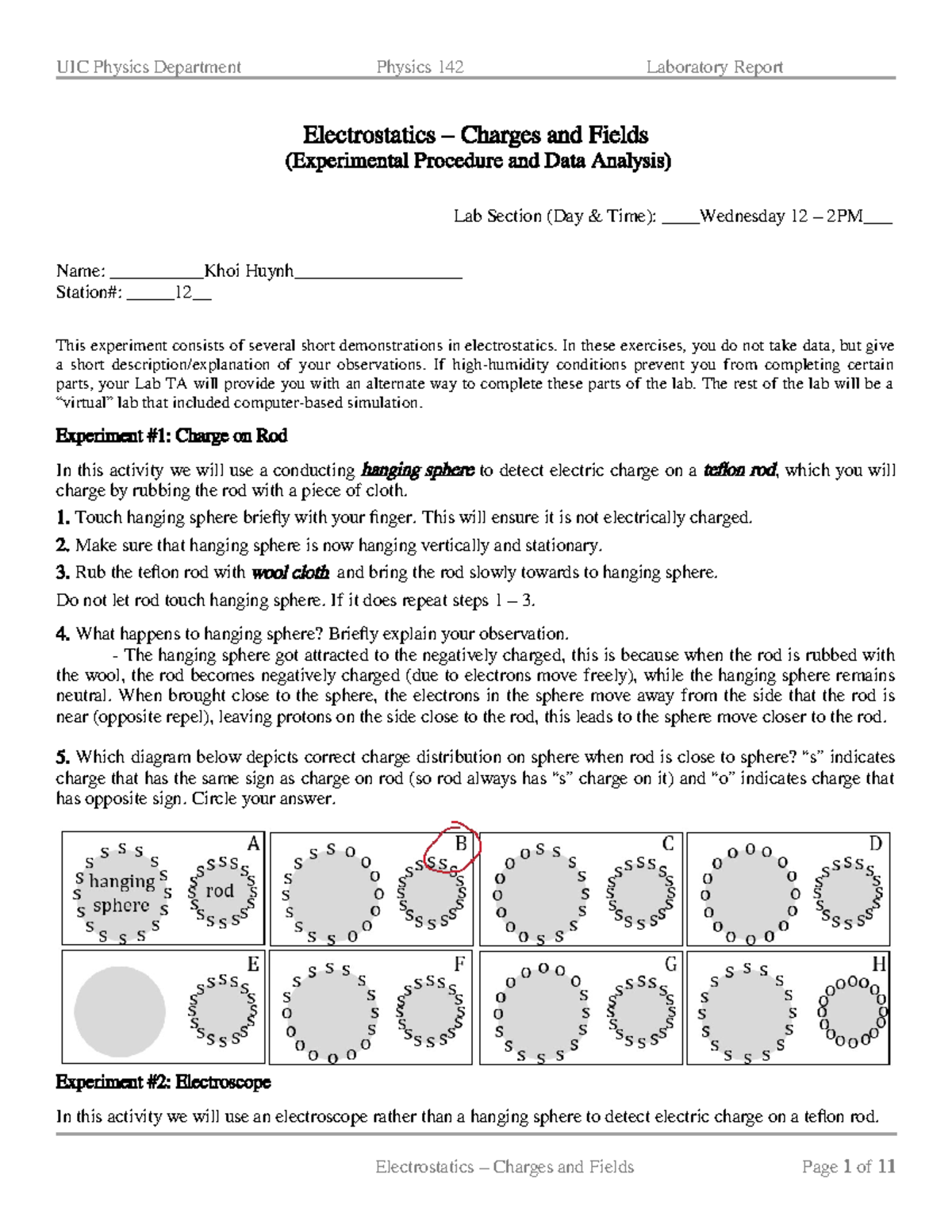UIC Physics 142 Lab Report: Electrostatics - Charges & Fields Analysis - Studocu
