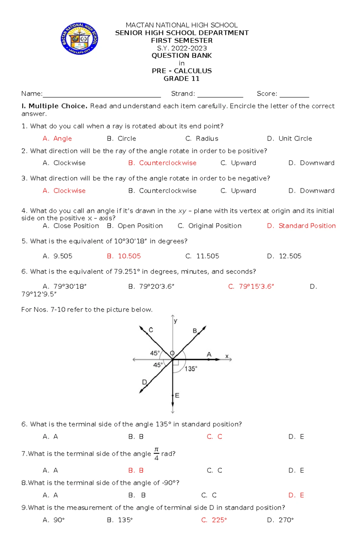 Grade 11 Pre Calculus Q1 Periodical Exam with Answer Key - Studocu