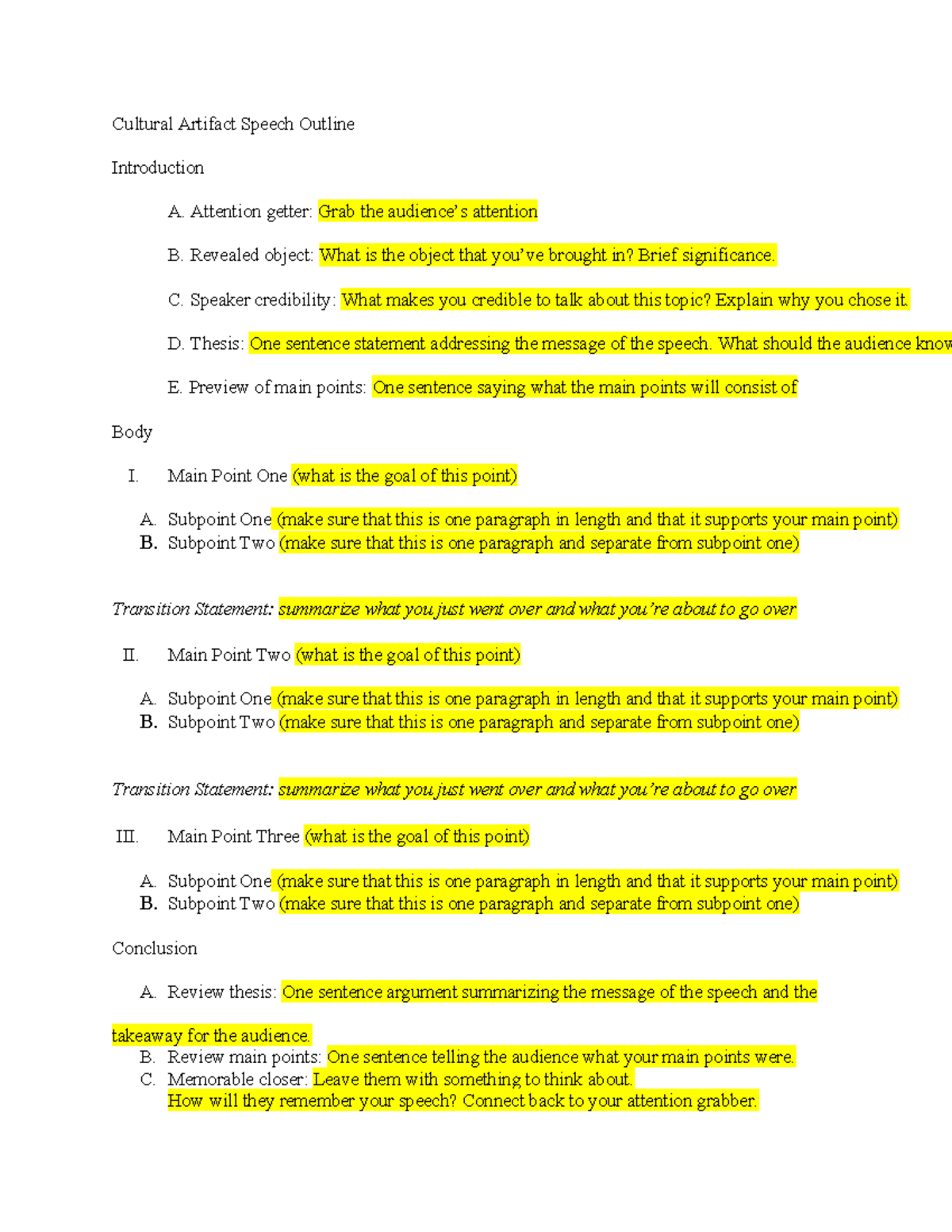 Cultural Artifact Speech Outline - Course Code: [Insert Code Here ...