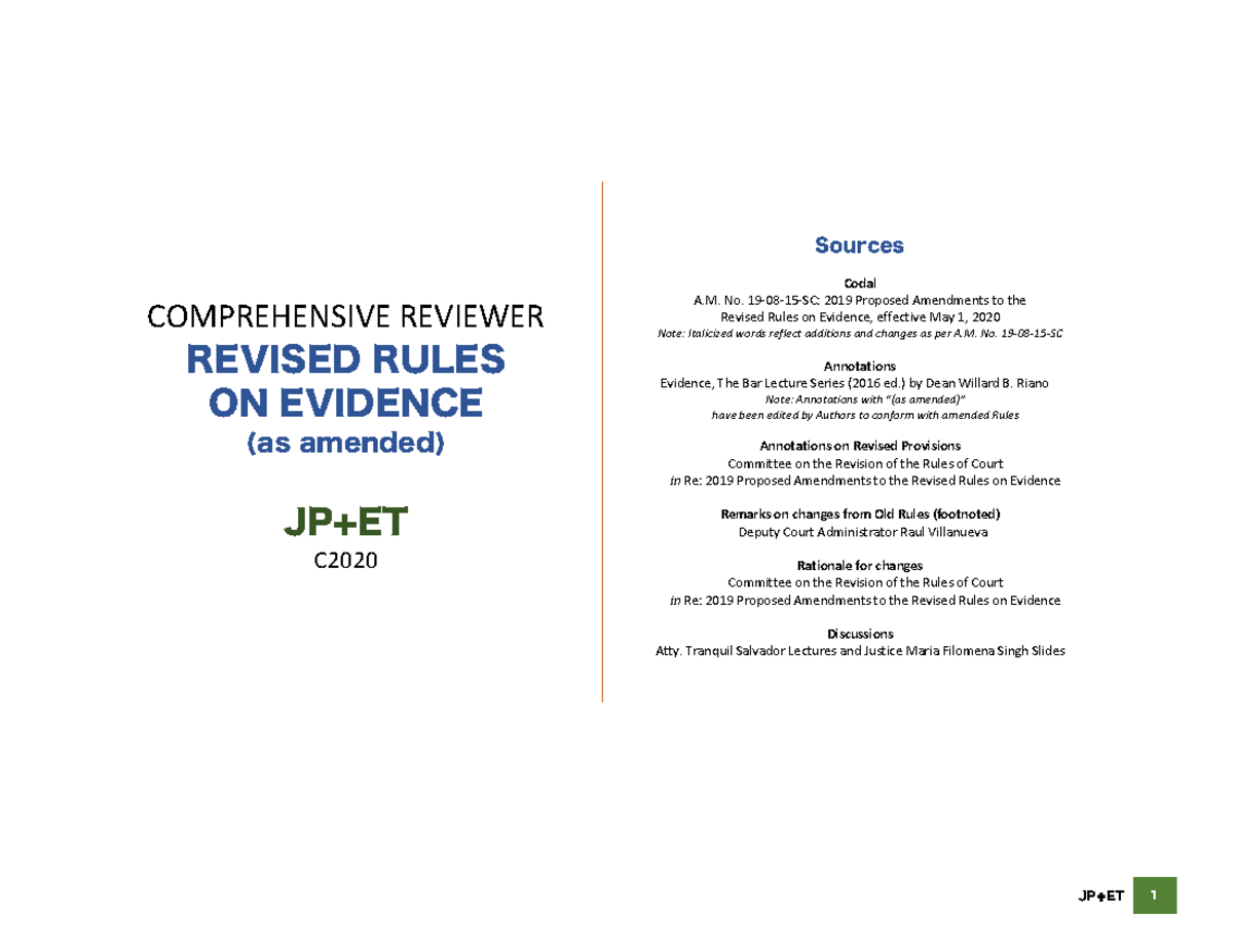 Revised Rules on Evidence - Comprehensive Reviewer 2020 - Studocu