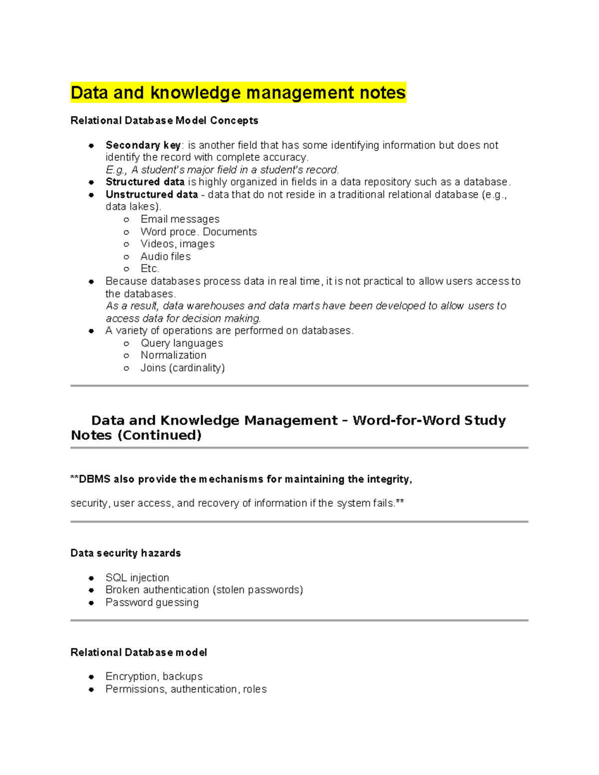 Data and Knowledge Management Study Notes (Module 3) - Studocu