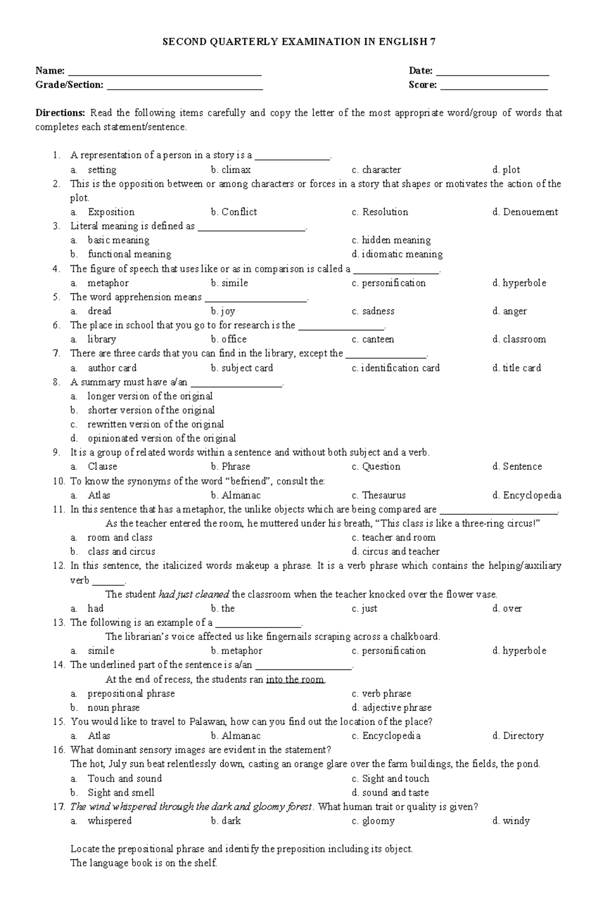 Second Quarterly Exam Review for English 7 - Studocu