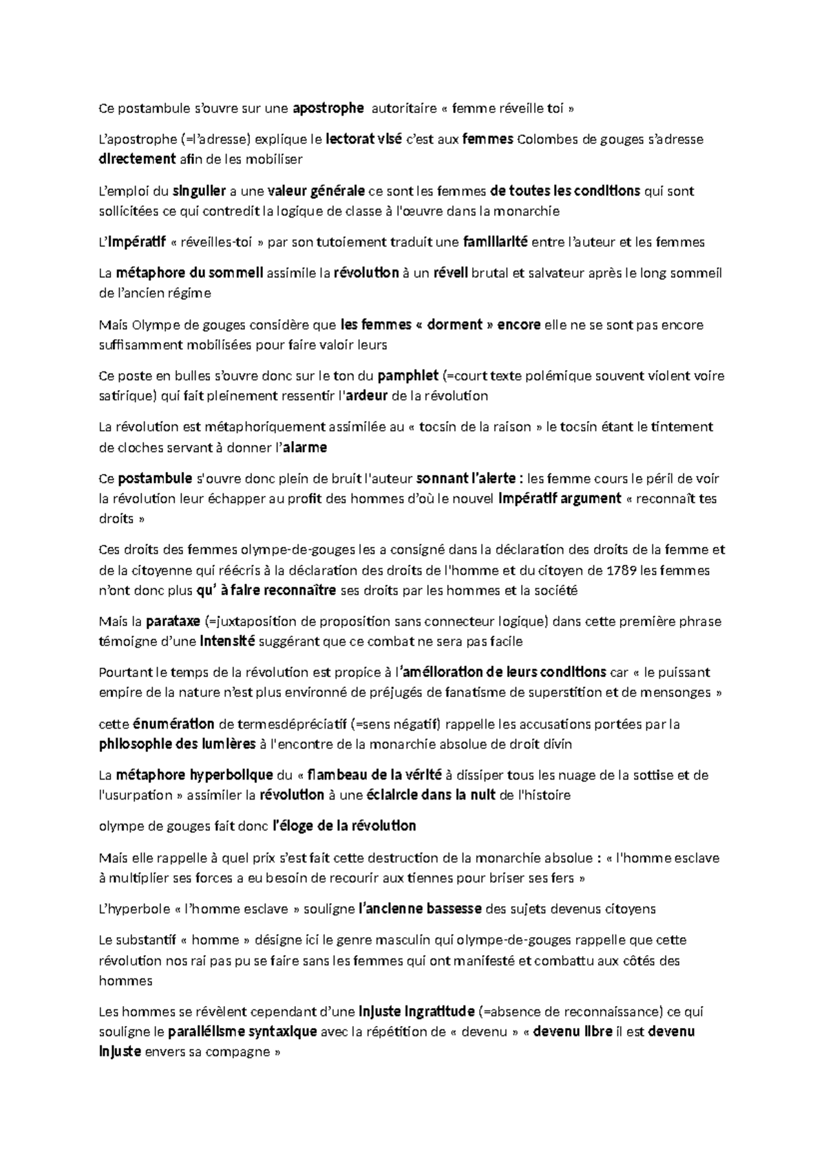Analyse linéaire : Postambule d'Olympe de Gouges sur la Révolution ...