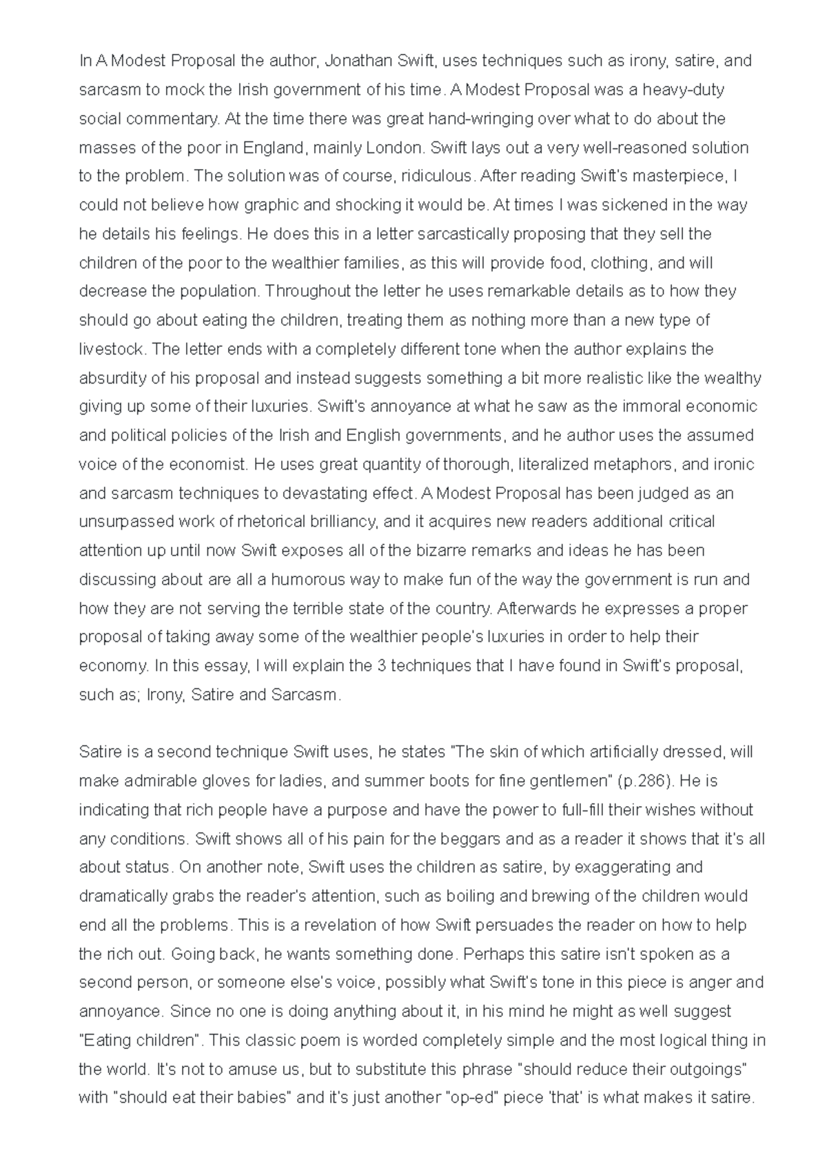 A Modest Proposal (ENG 101): Techniques of Irony, Satire, and Sarcasm ...