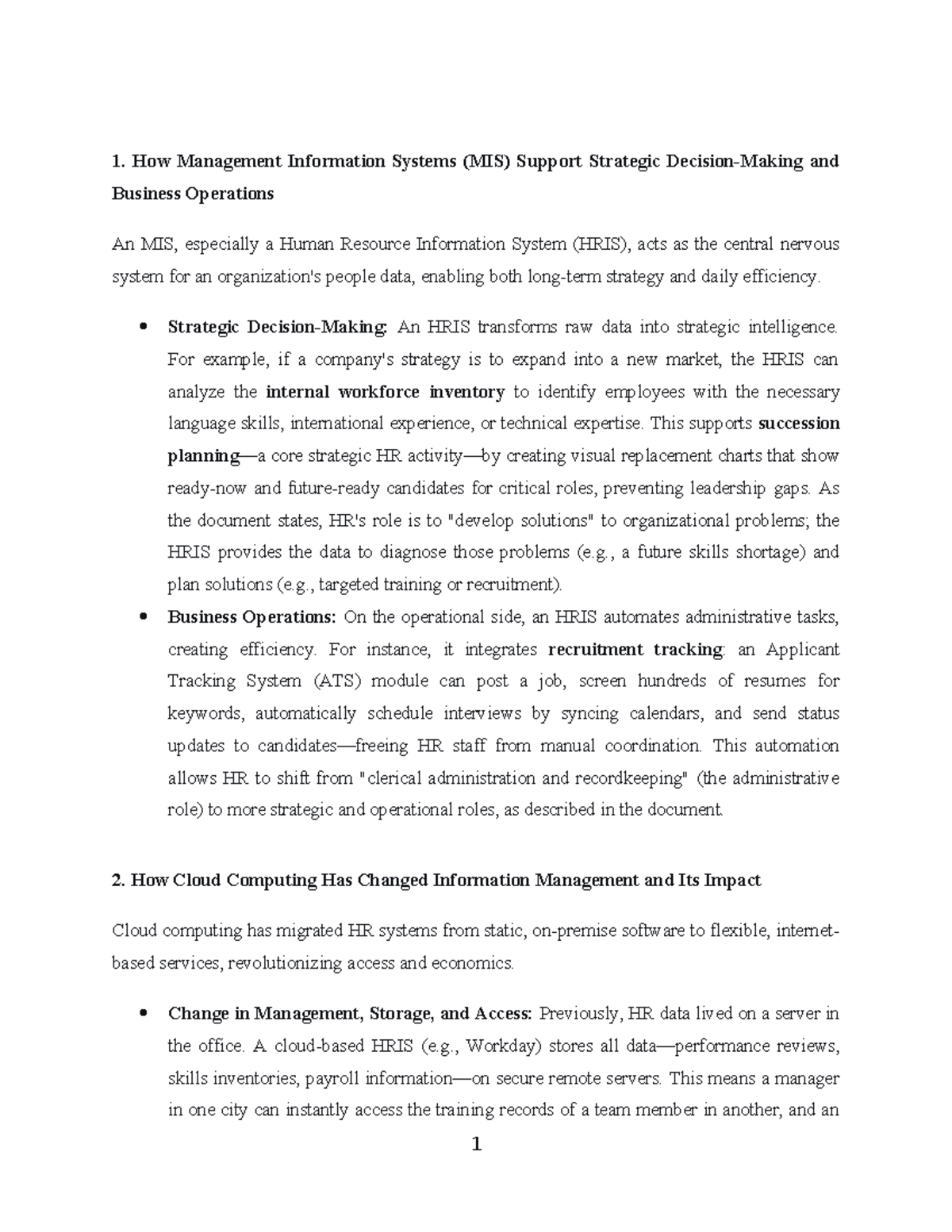 MIS 101: The Role of HRIS in Strategic Management and Operations - Studocu