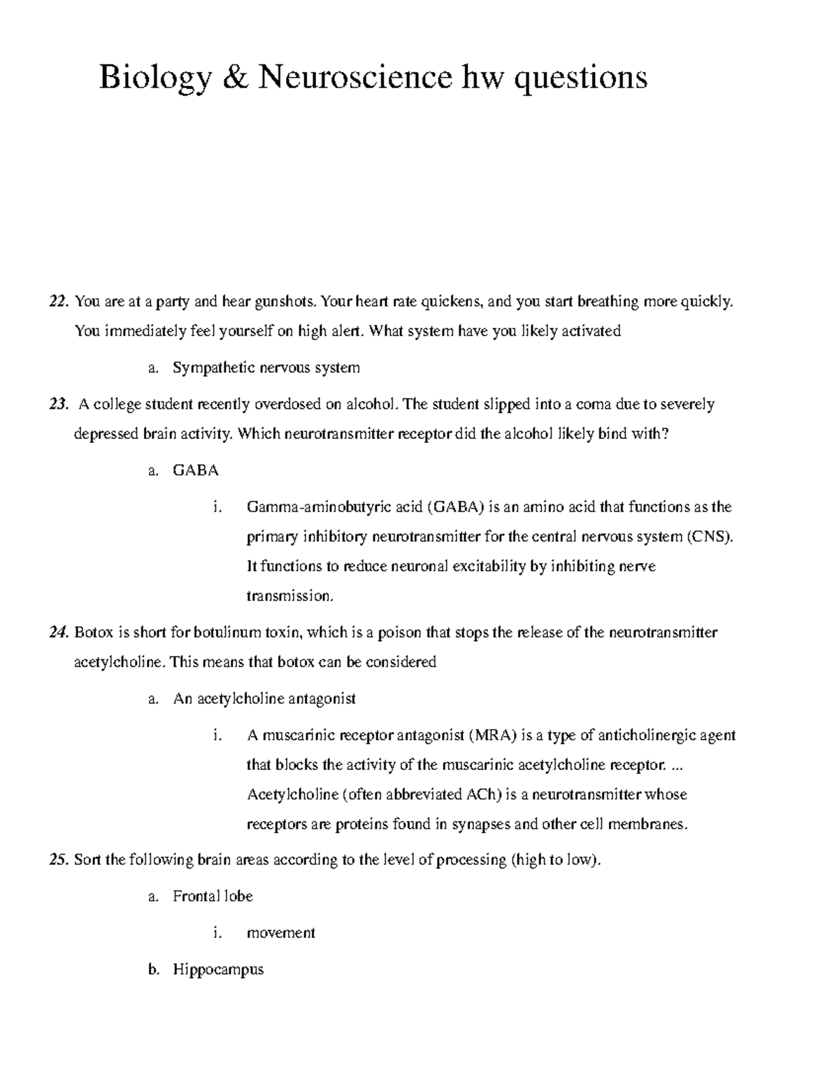 PSY 1101: Biology & Neuroscience Homework Questions Analysis - Studocu