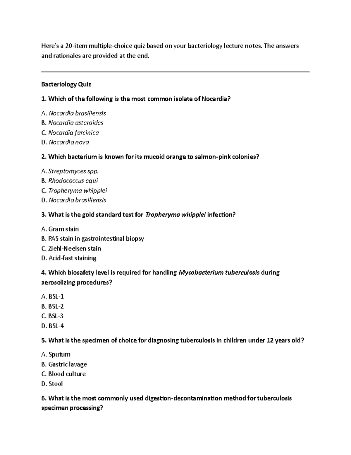 Mycobacterium - Here's a 20-item multiple-choice quiz based on your ...