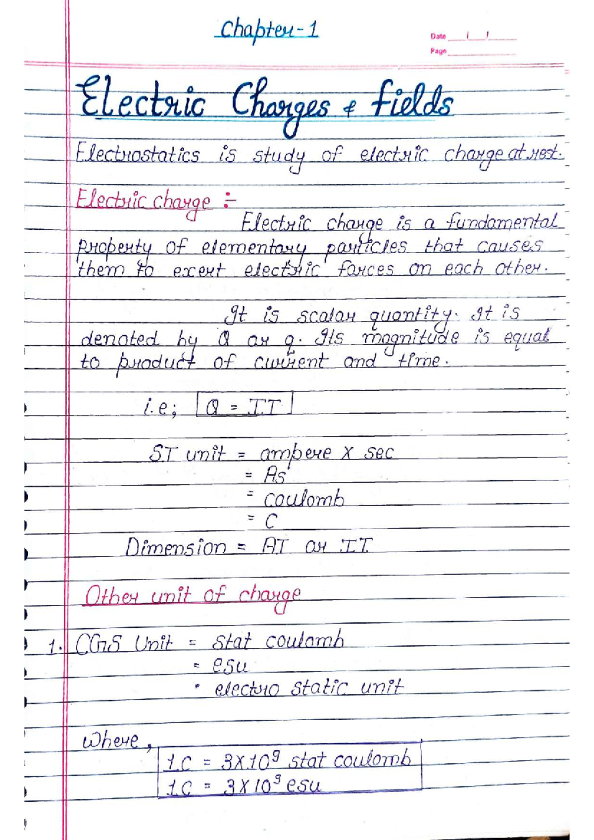 Electric Charges and Fields Notes (Course Code: 1) - Studocu