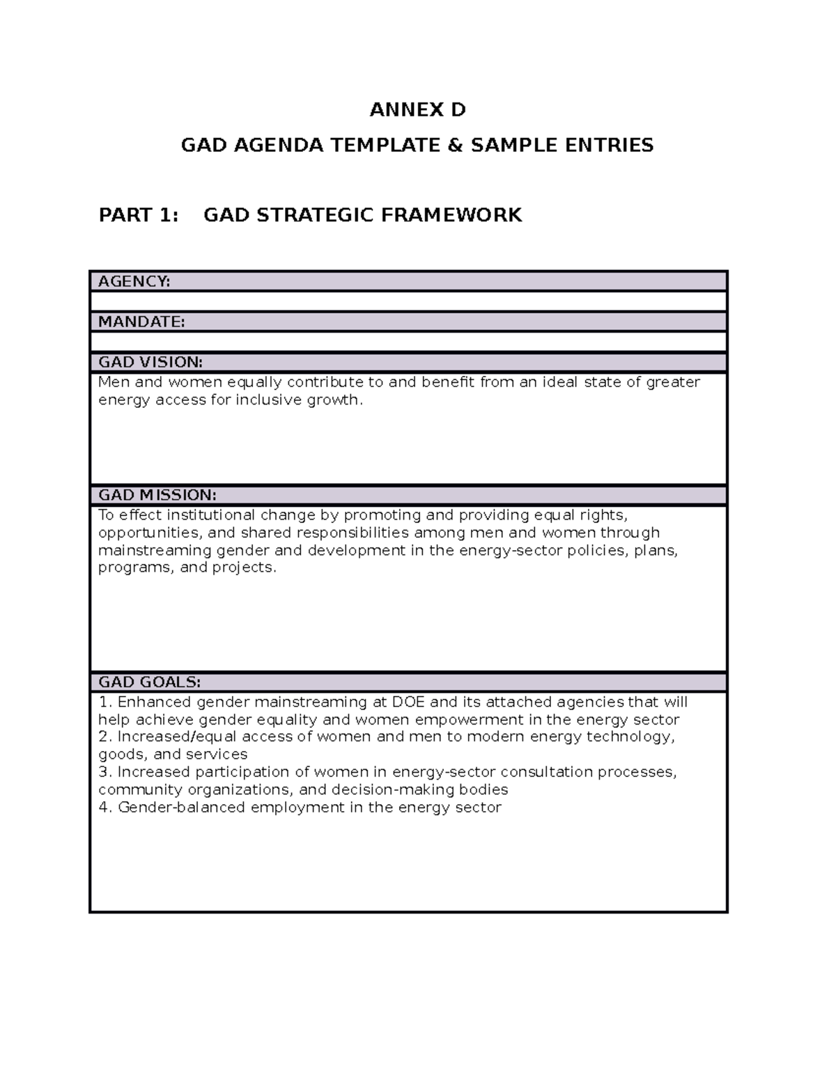 GAD-Strategic-Framework: Template & Goals for Gender Equality in Energy ...