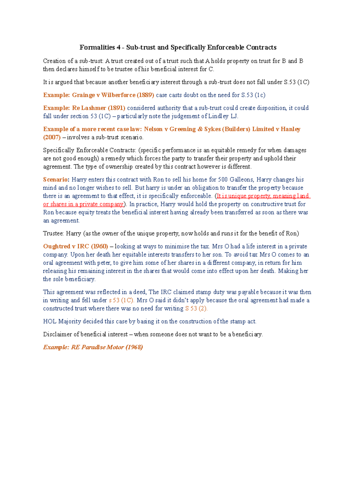 Law 301: Sub-trusts & Specifically Enforceable Contracts Overview - Studocu
