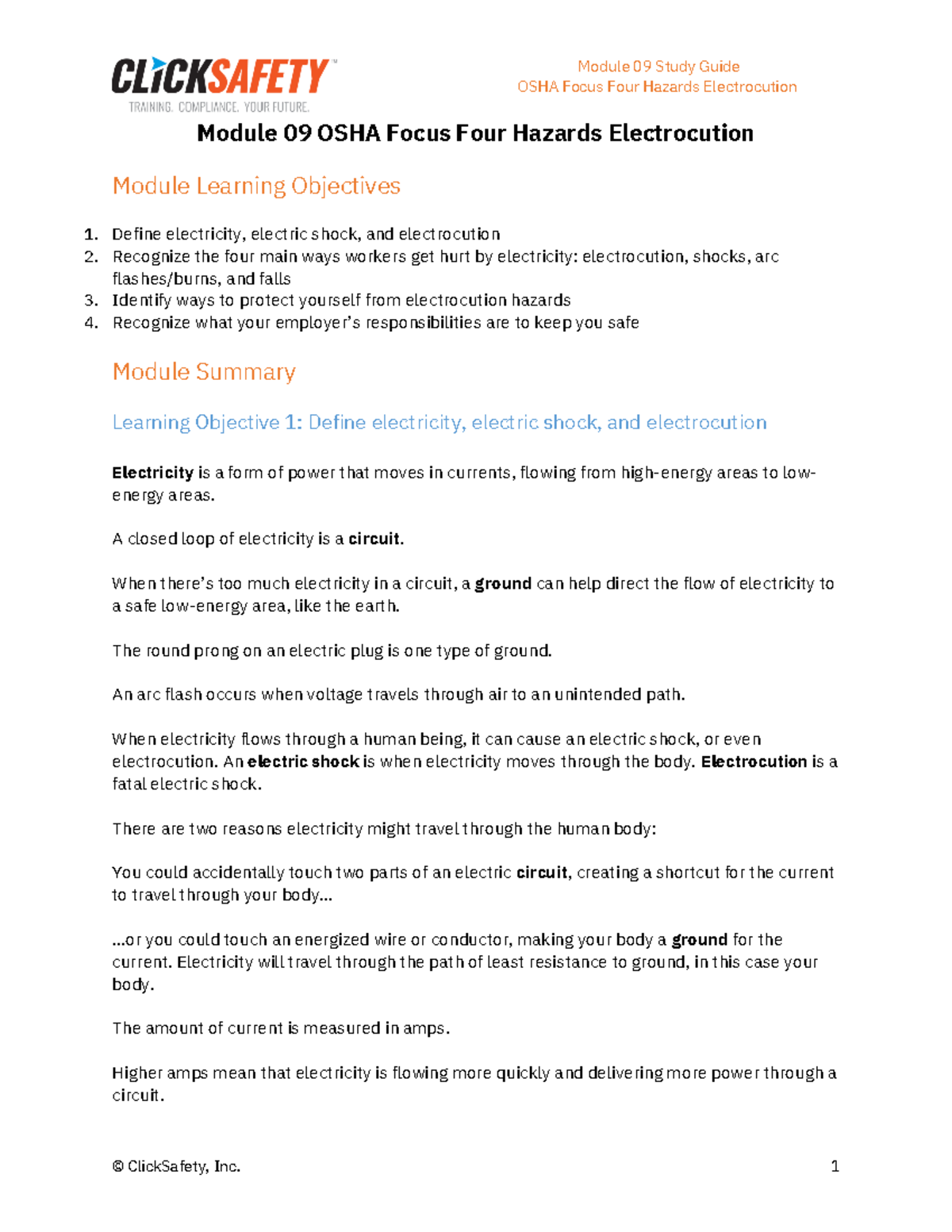 Module 09 Study Guide: OSHA Focus Four Hazards - Electrocution Safety ...