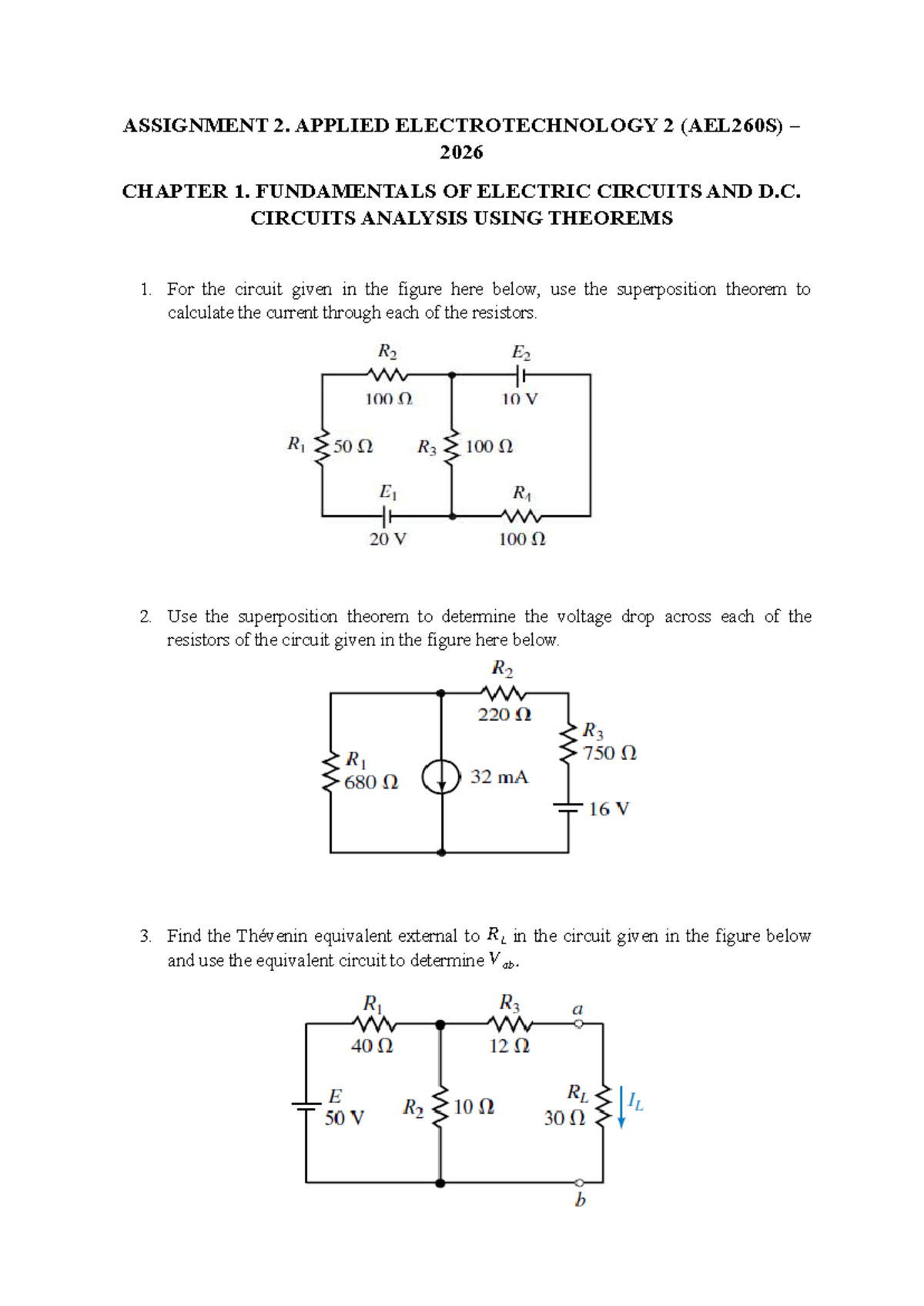 AEL260S 2026 Assignment 2: Fundamentals of Electric Circuits Analysis ...