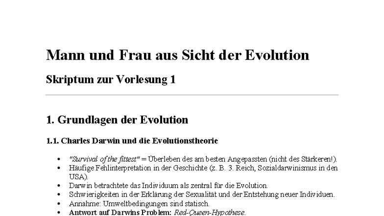 Skriptum zur Vorlesung 1: Mann und Frau aus Sicht der Evolution - Studocu