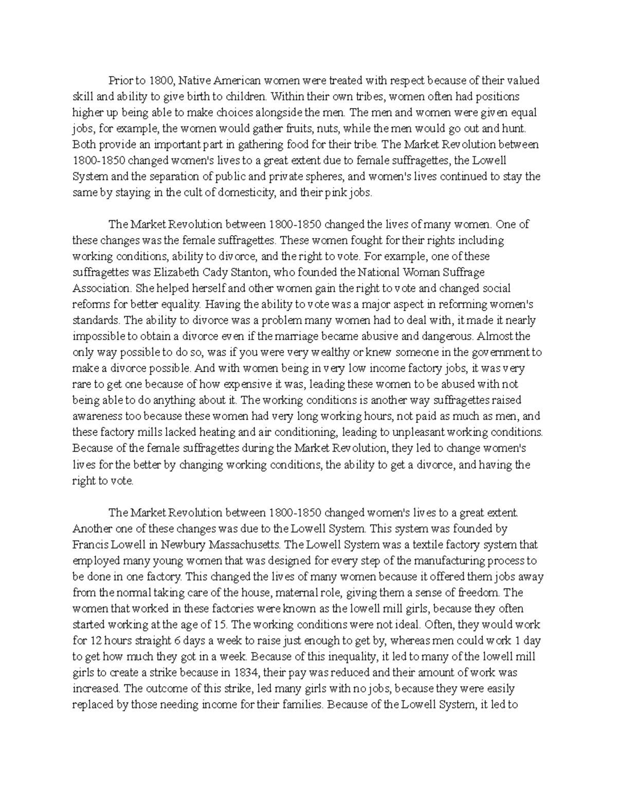 Impact of the Market Revolution (1800-1850) on Women's Roles LEQ - Studocu