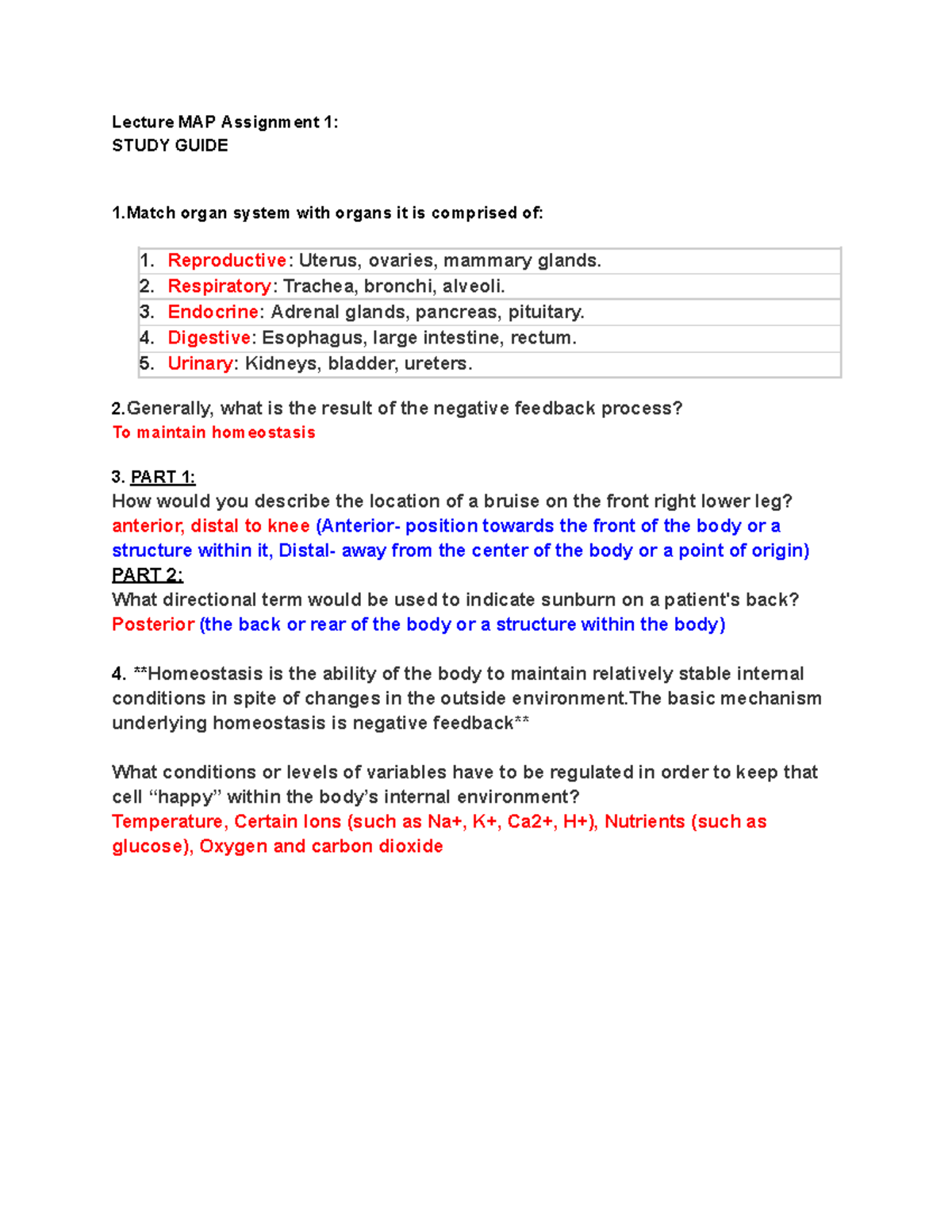 Lecture MAP Assignment 1: Homeostasis & Organ Systems Overview - Studocu