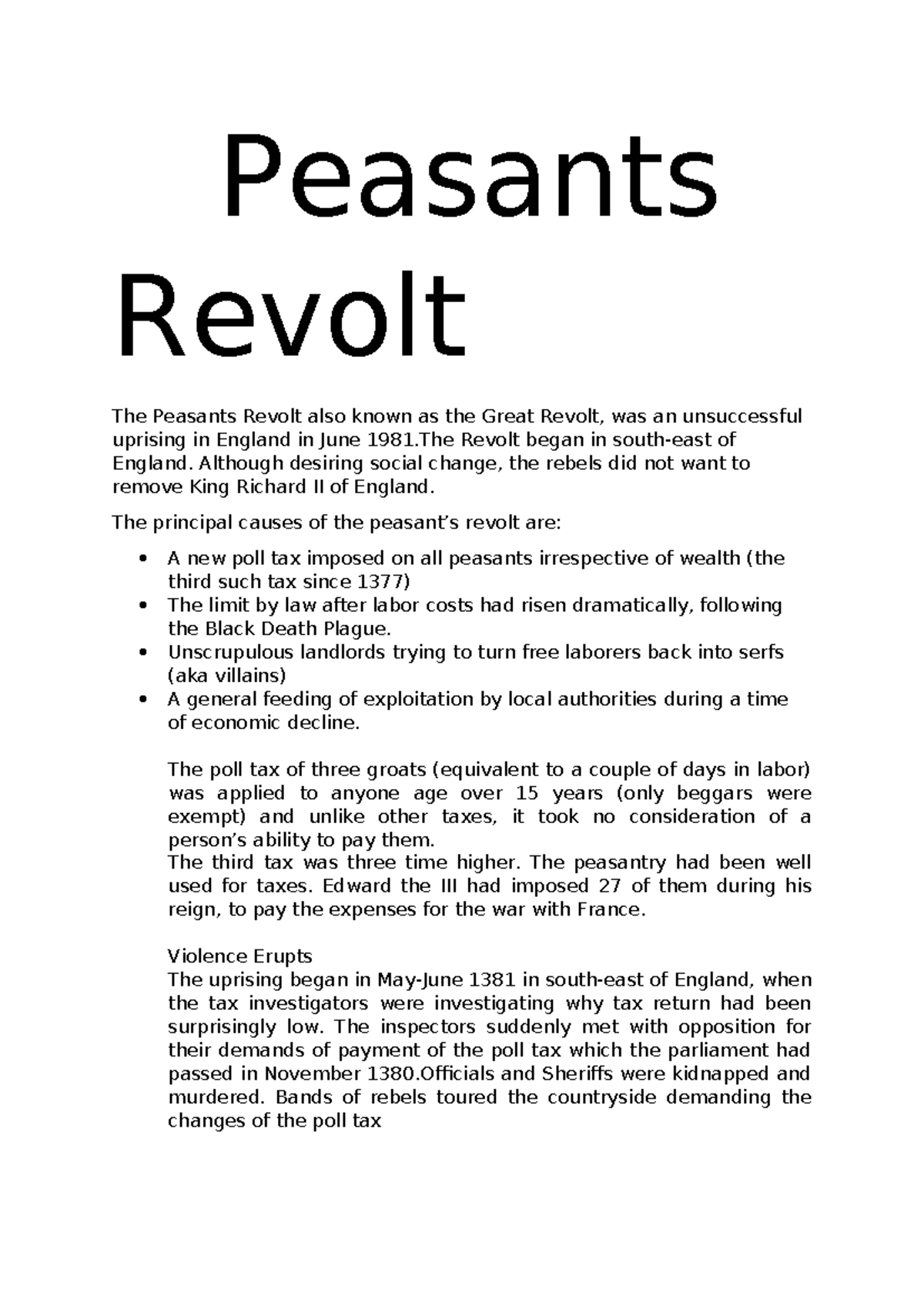 Peasants Revolt (1381): Causes and Effects of the Great Uprising - Studocu