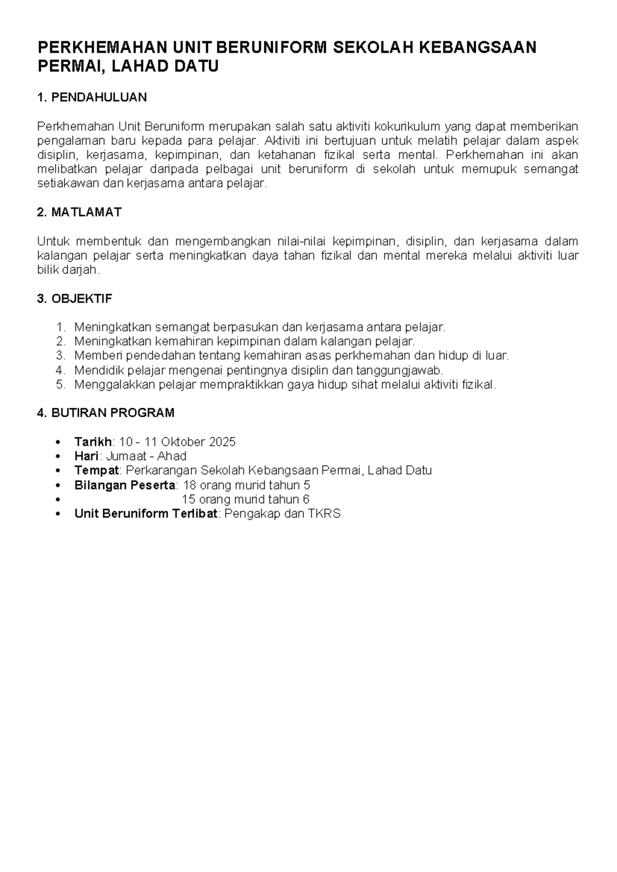 Kertas Kerja Perkhemahan UNIT Beruniform SK Permai 2025 - Studocu