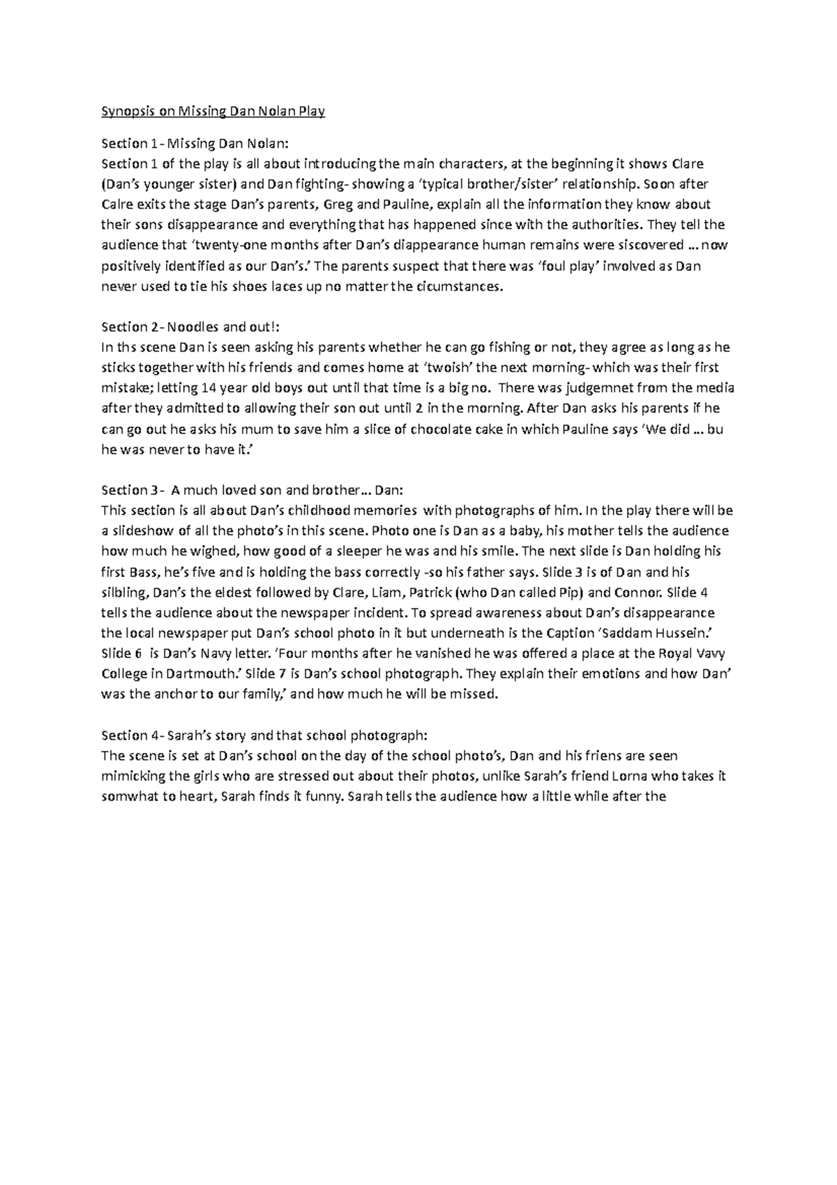 Synopsis of Missing Dan Nolan Play Analysis - Studocu