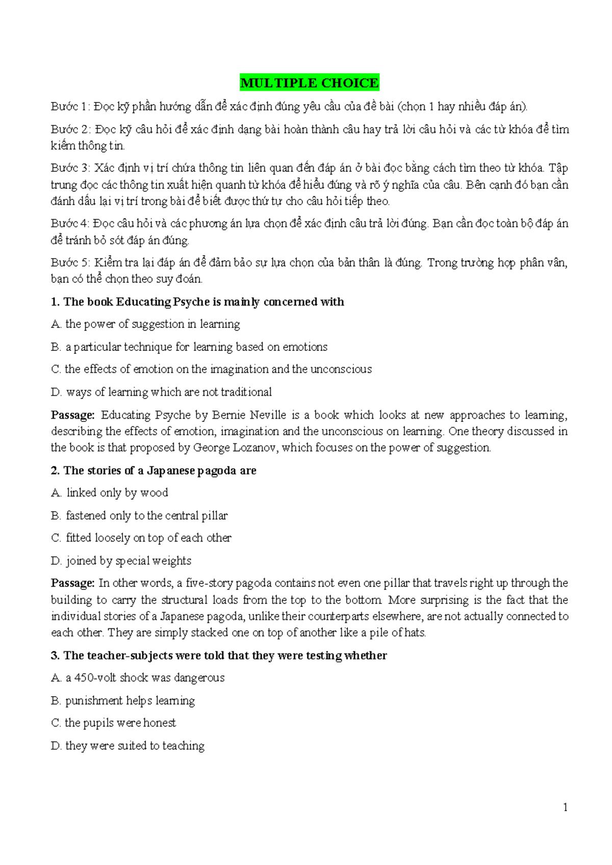 MULTIPLE CHOICE: Reading Comprehension Strategies and Exercises - Studocu