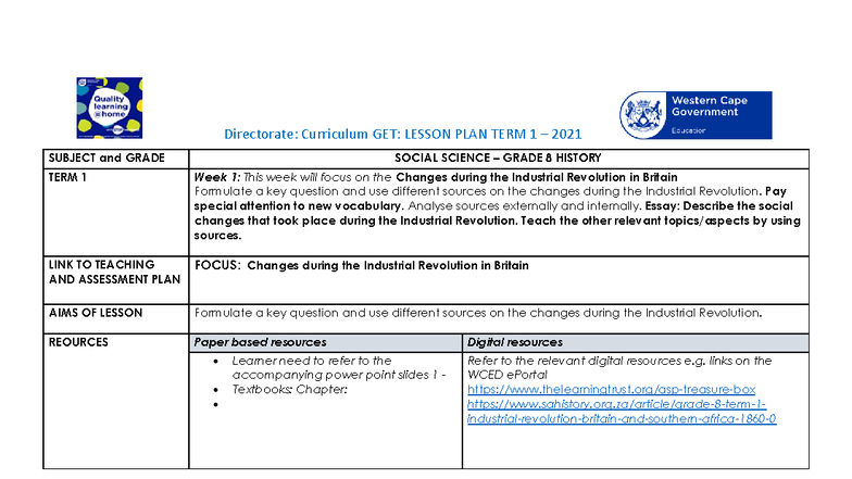 Lesson Plan SP: Grade 8 SS History T1 W1 - Industrial Revolution ...