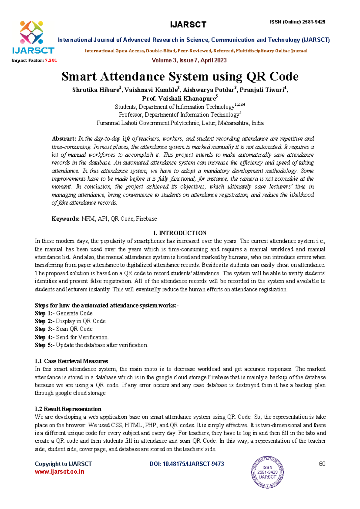 Smart Attendance System using QR Code - IJARSCT International Journal ...