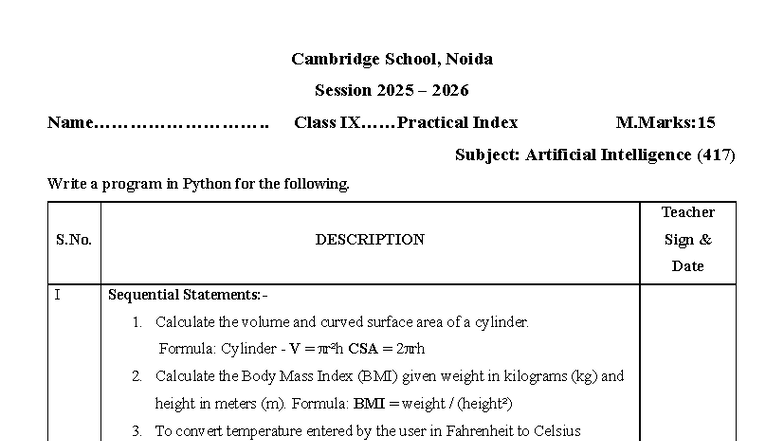 Class 9 Practical Index for AI (417) - Python Programming Tasks - Studocu