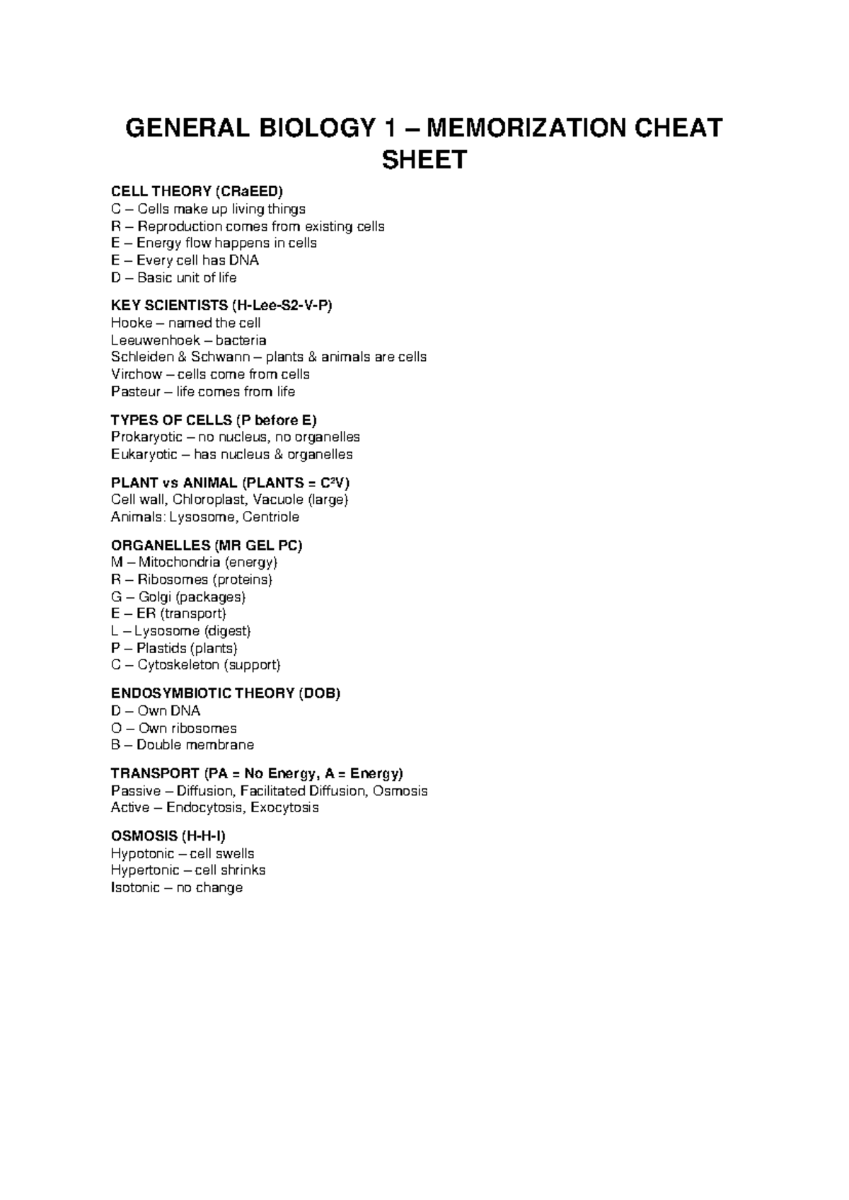 Gen Bio 1 Final Exam Cheat Sheet: Cell Theory & Key Concepts - Studocu