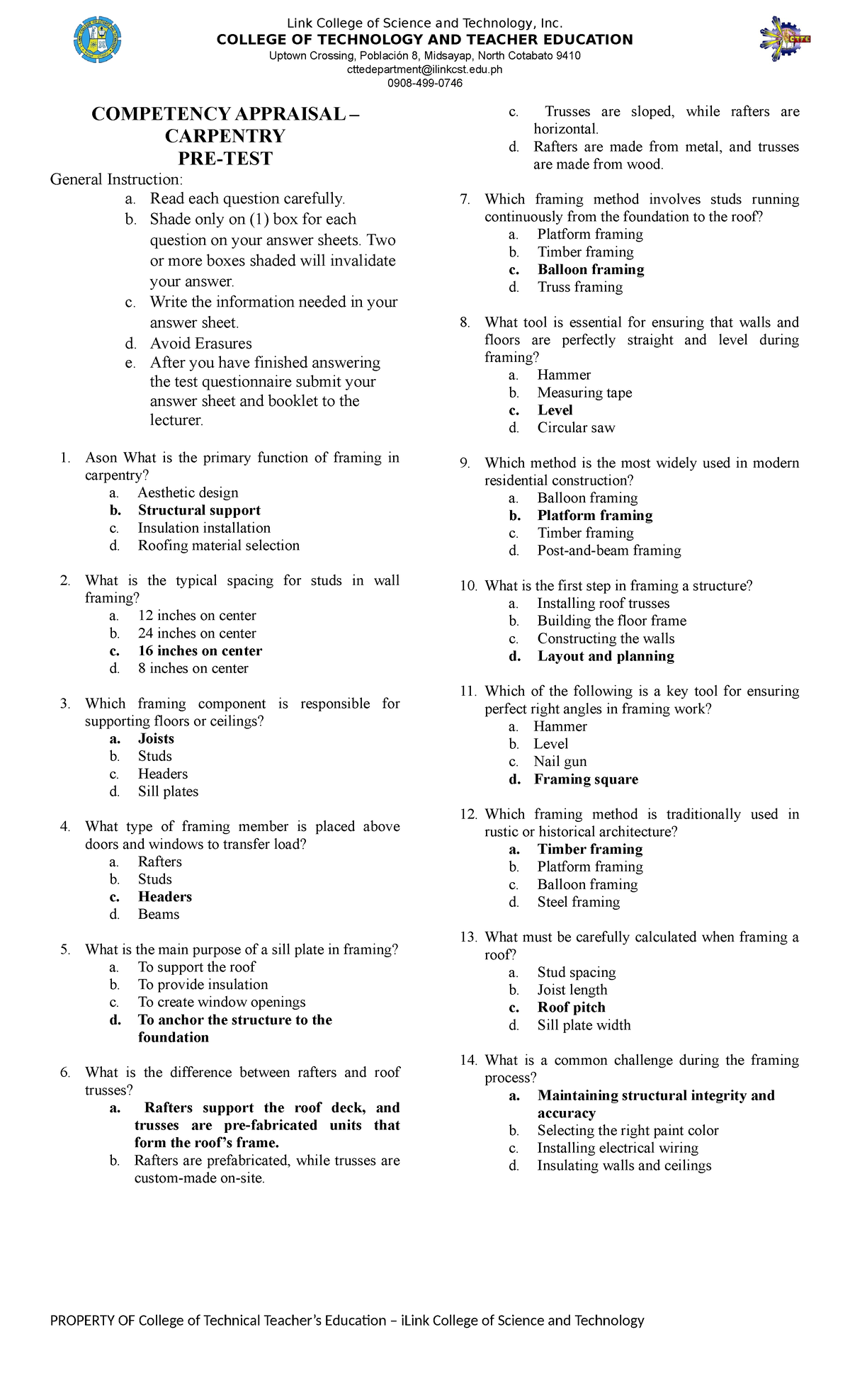Pre-Test for Carpentry (CTTE 101): Competency Appraisal Questions - Studocu