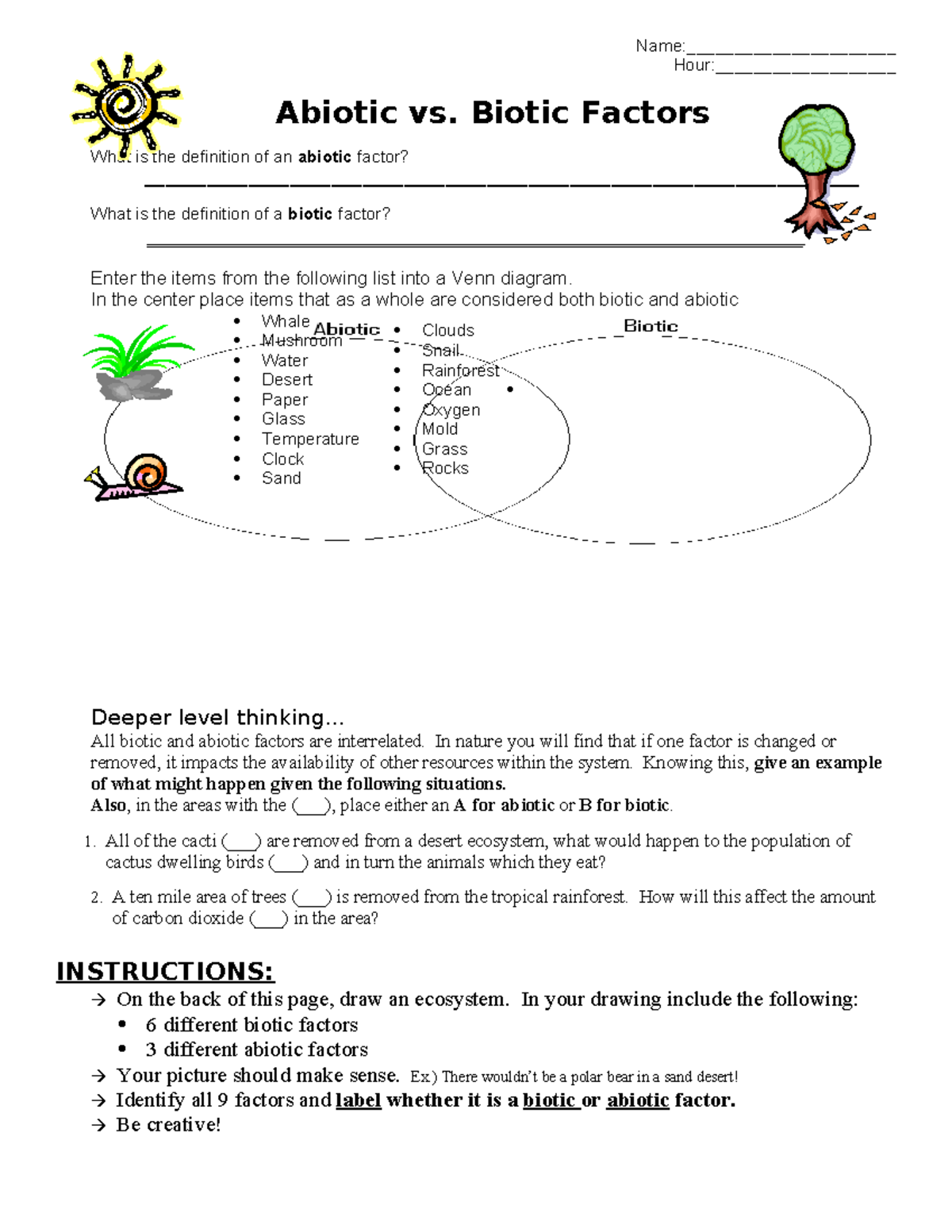 Biotic And Abiotic Worksheet Grade 5