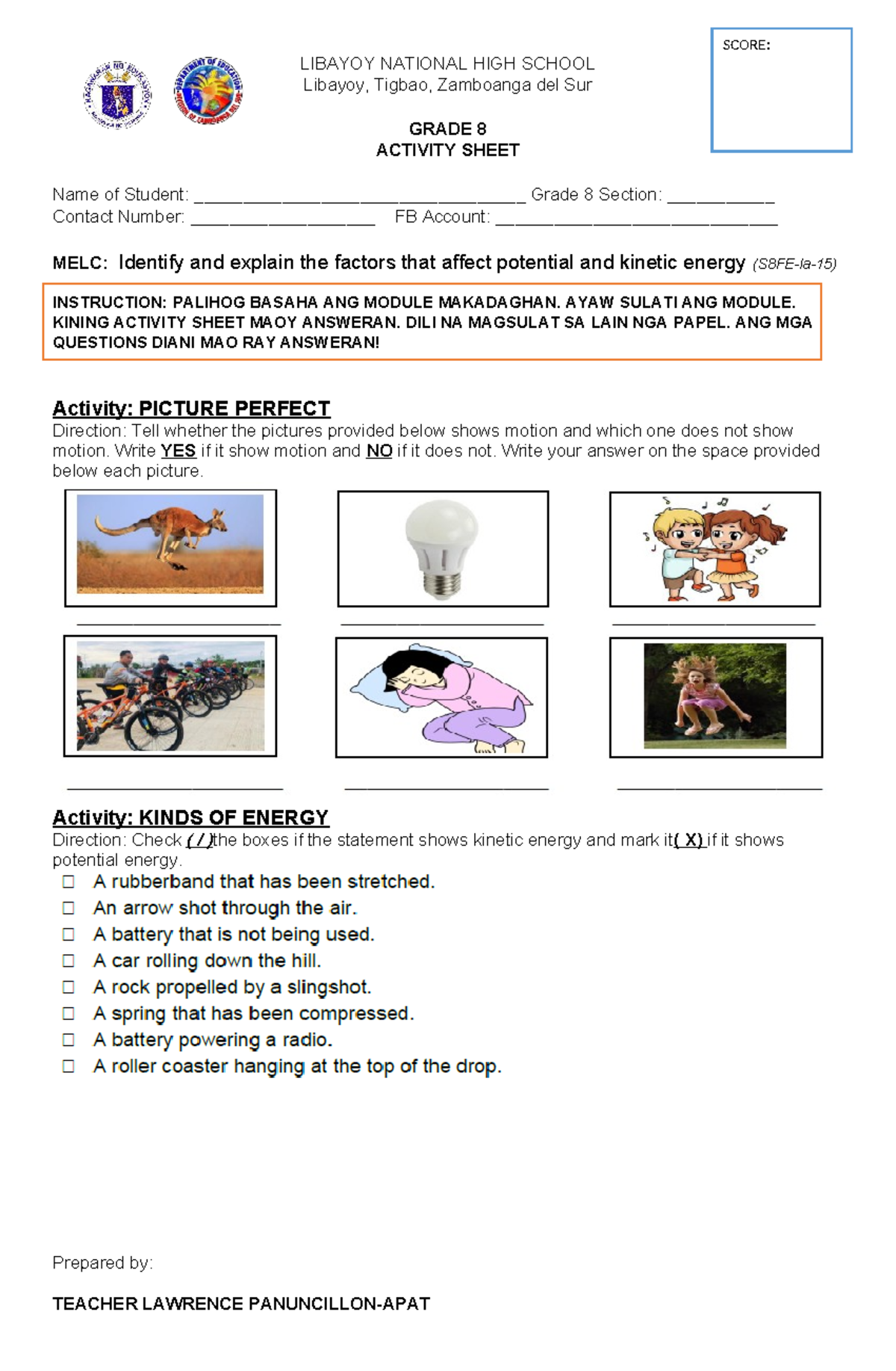 Grade 8 Activity Sheet: Factors Affecting Energy Types - Studocu
