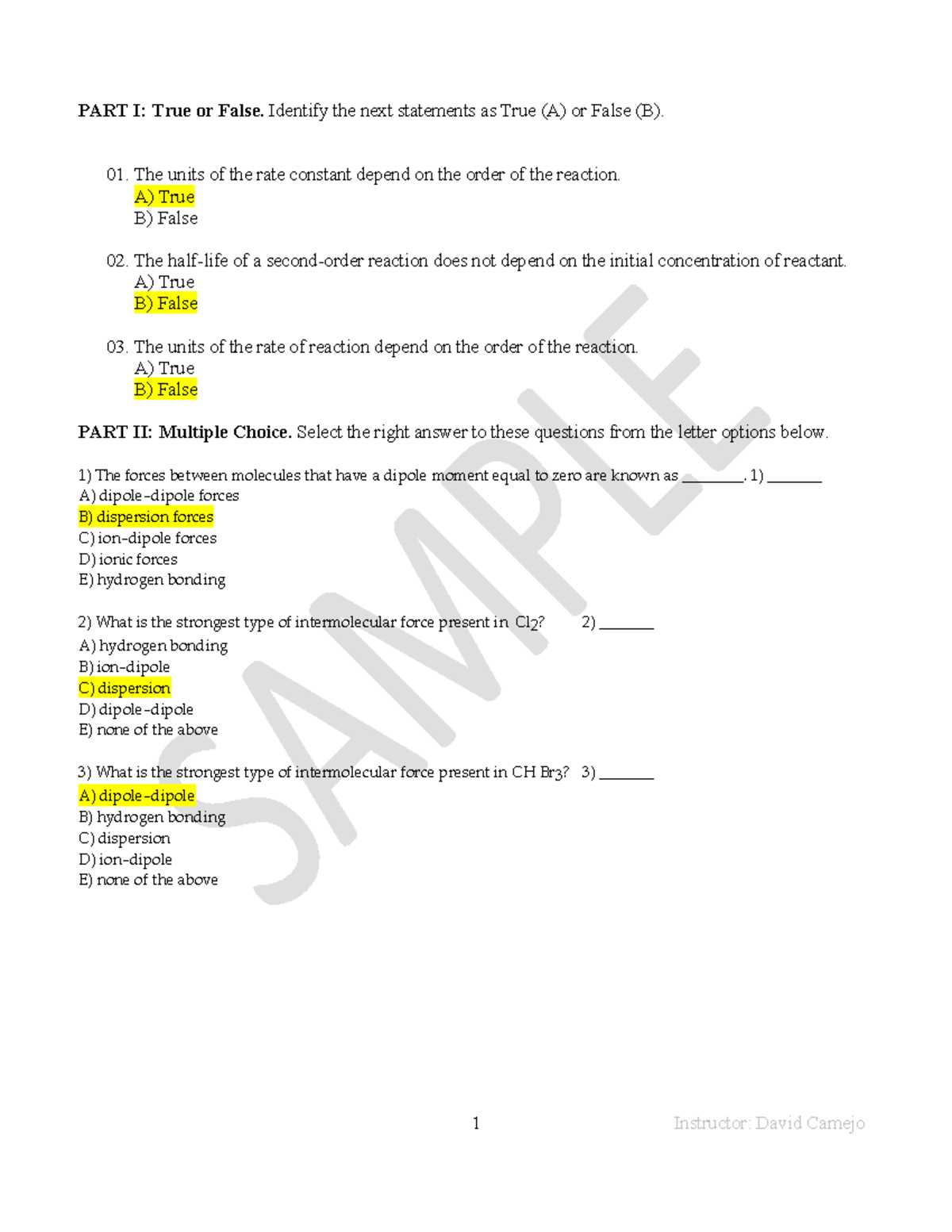 Exam #1 - Practice key for true/false and multiple choice questions ...