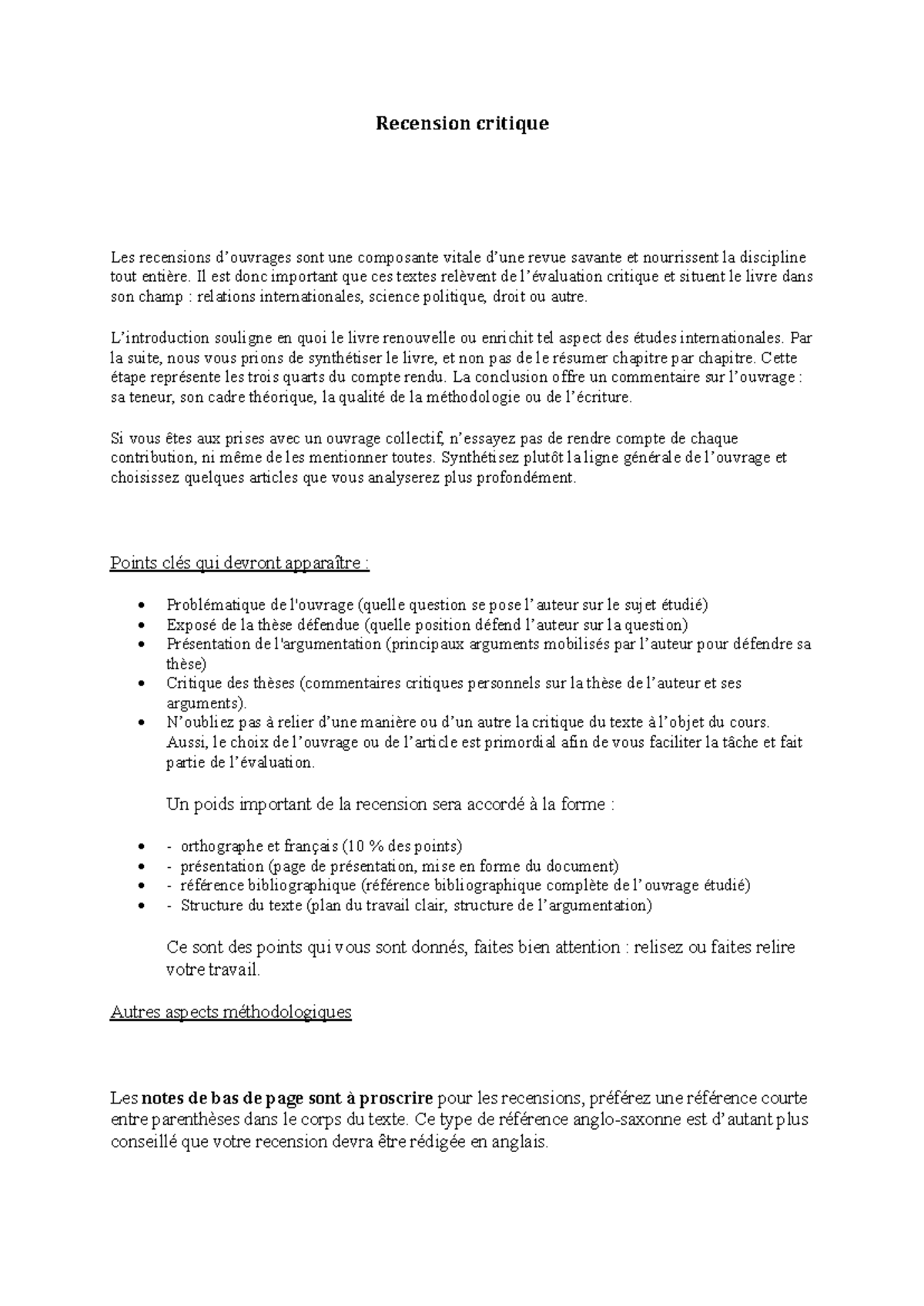 Méthodologie de recension critique d'une lecture - Recension critique ...