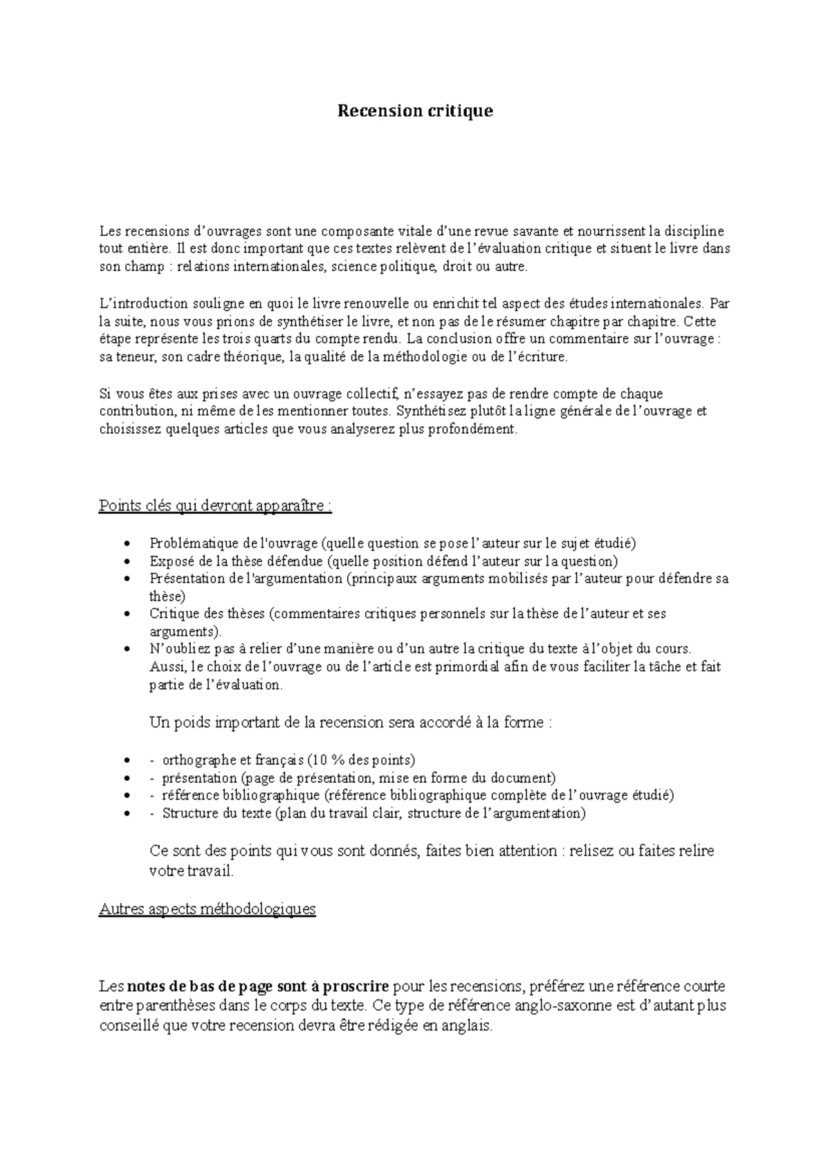 Méthodologie de recension critique d'une lecture - Recension critique ...