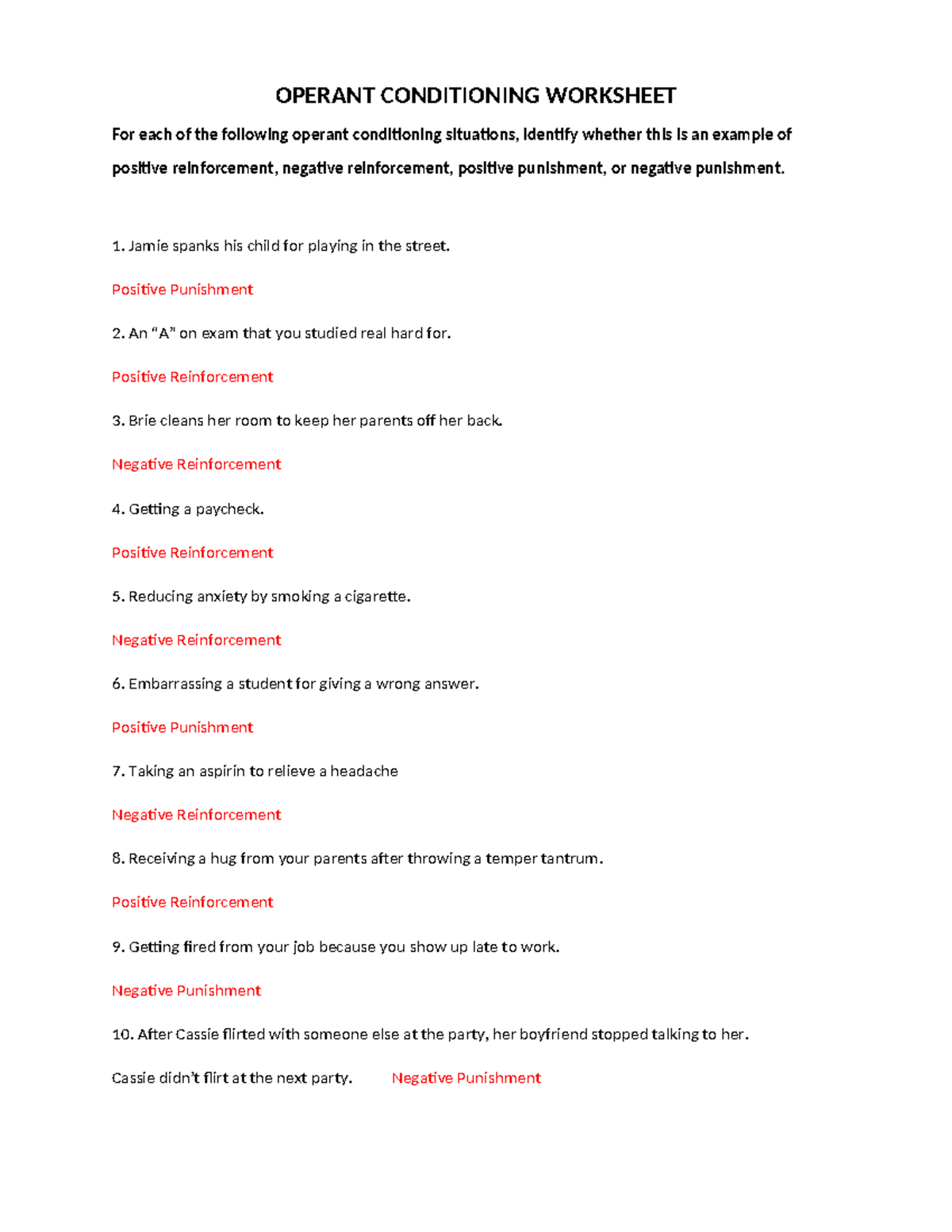 OPERANT CONDITIONING WORKSHEET: Analysis & Exercises - Studocu