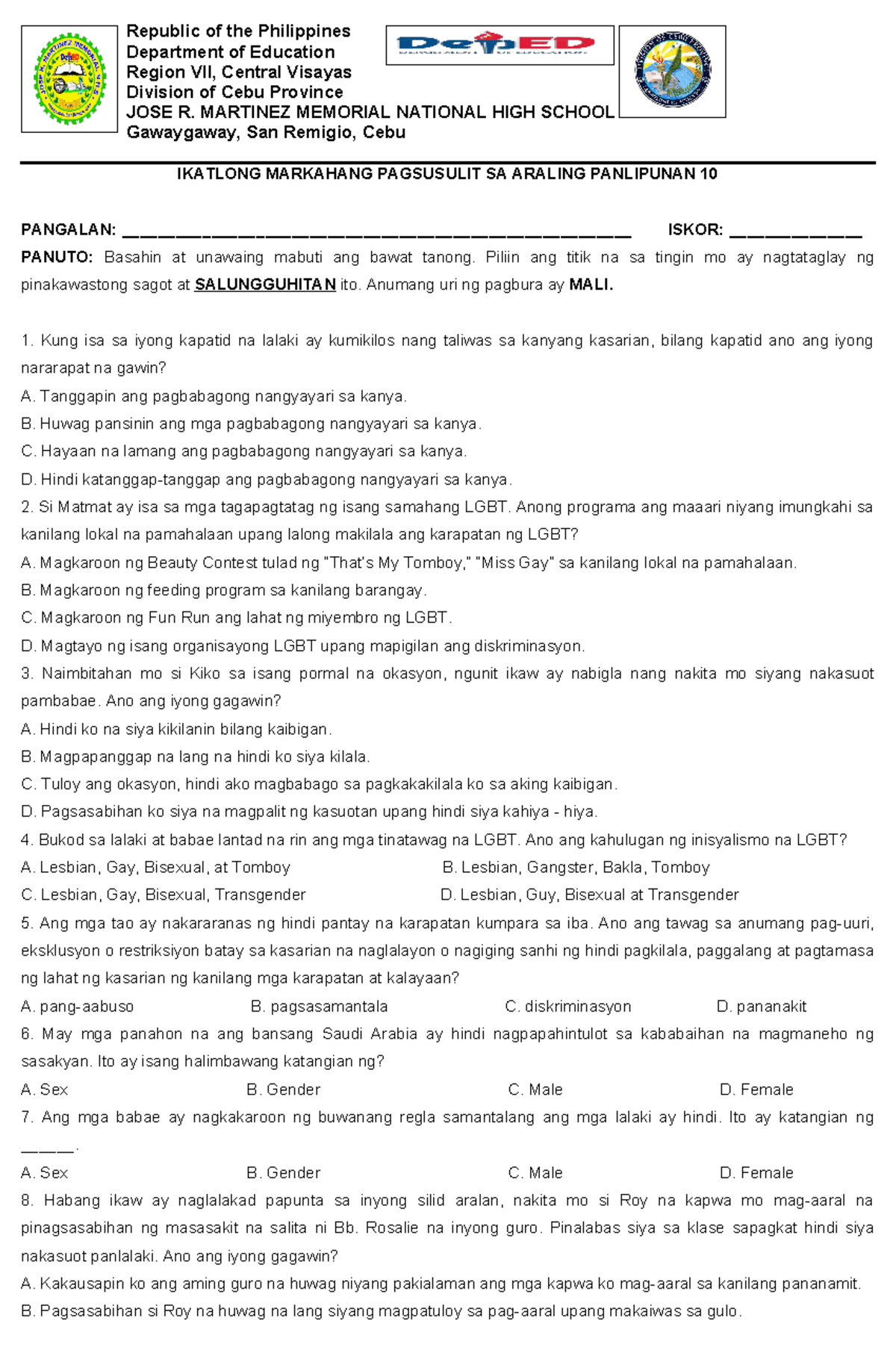 Ikatlong Markahang Pagsusulit sa AP 10 - Jrmmnhs Q3 - Studocu