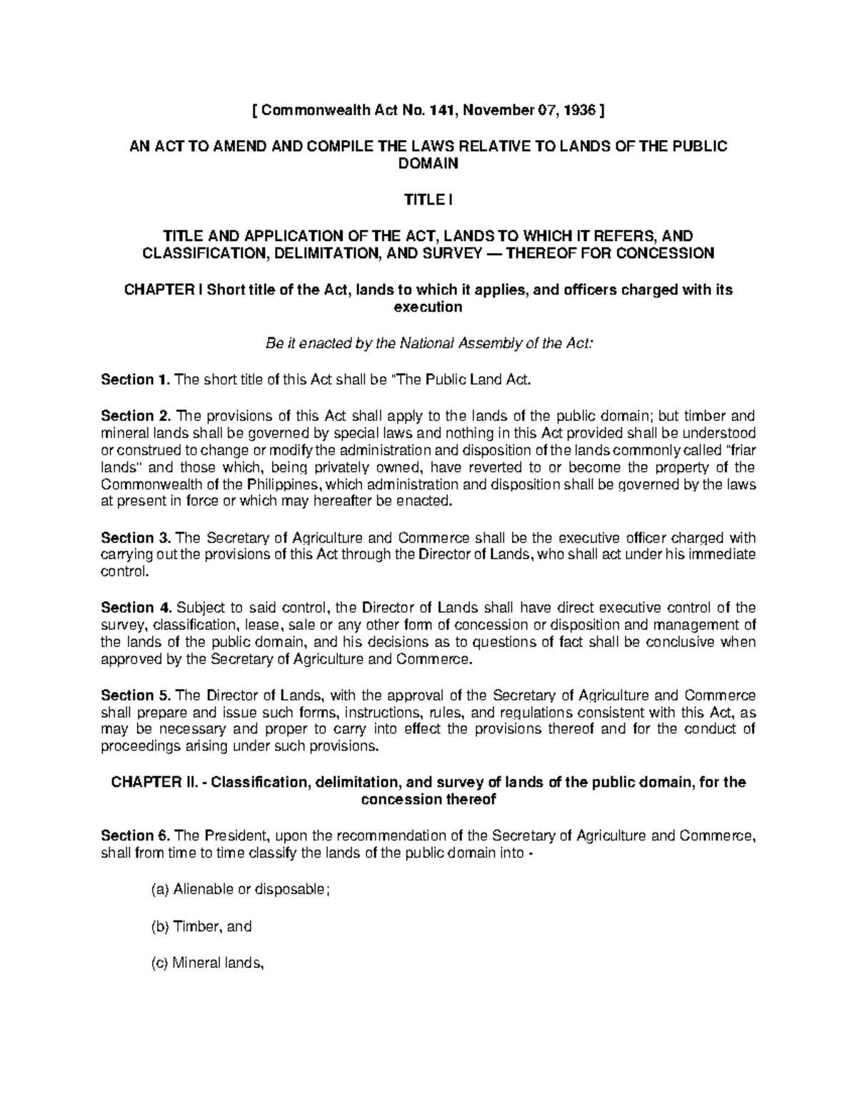 Commonwealth Act No. 141: Public Land Act Overview and Provisions - Studocu