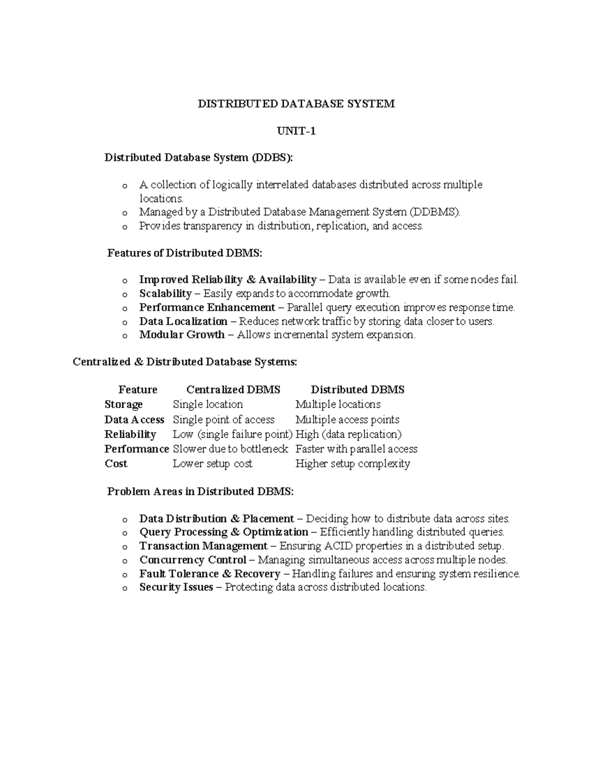Ddbms KEY Notes UNIT 1 - valuable - DISTRIBUTED DATABASE SYSTEM UNIT ...